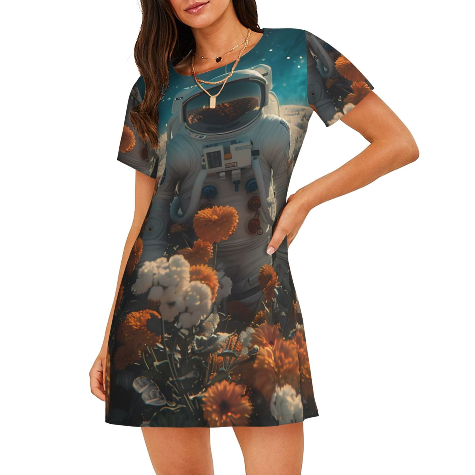 Derioi Astronaut Flower Field for Women's Short-sleeved Nightdress ...