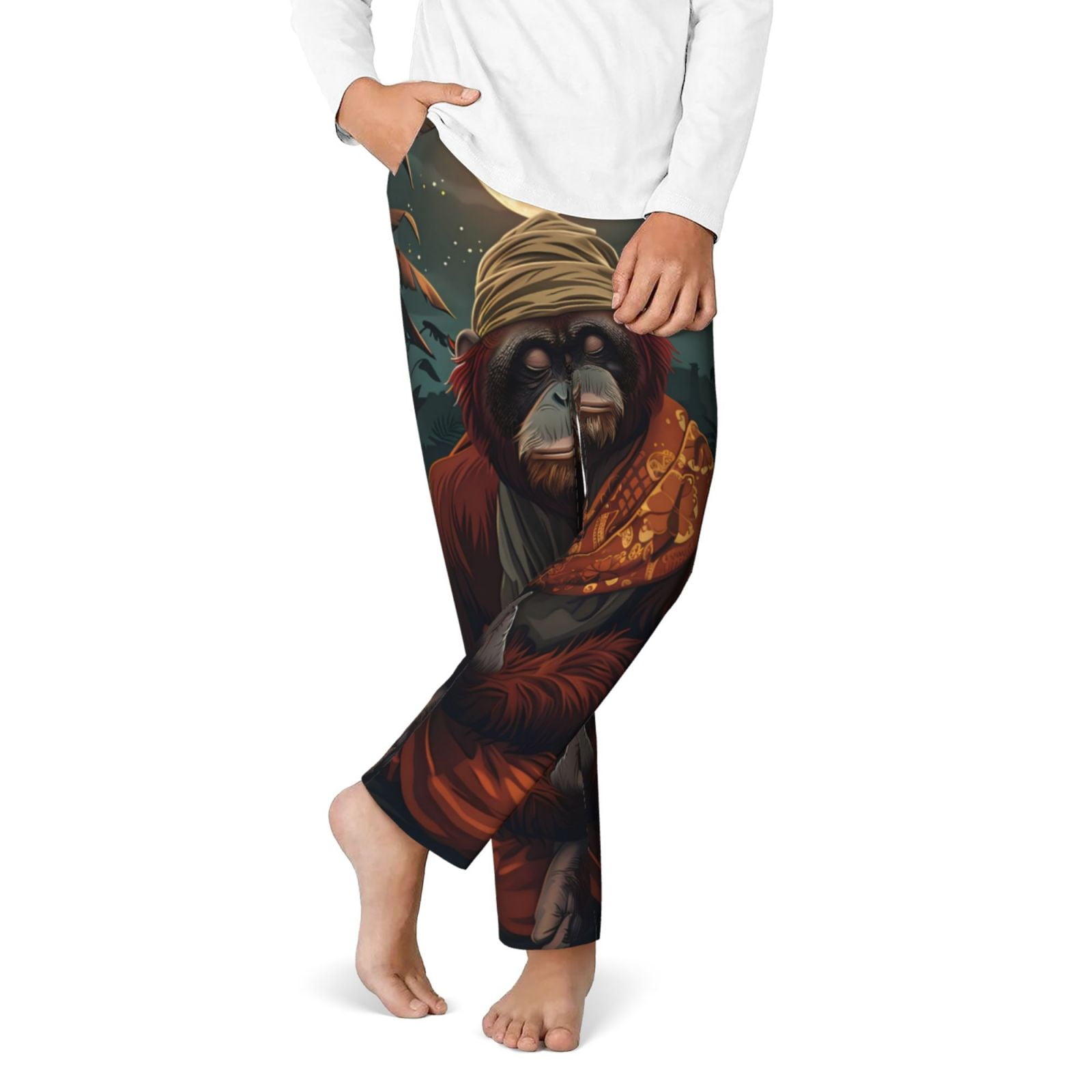Derioi Banana Leaf Meditating Gorilla for Pajama Pants Men Elastic Waistband Sleep Pajama Pant ...