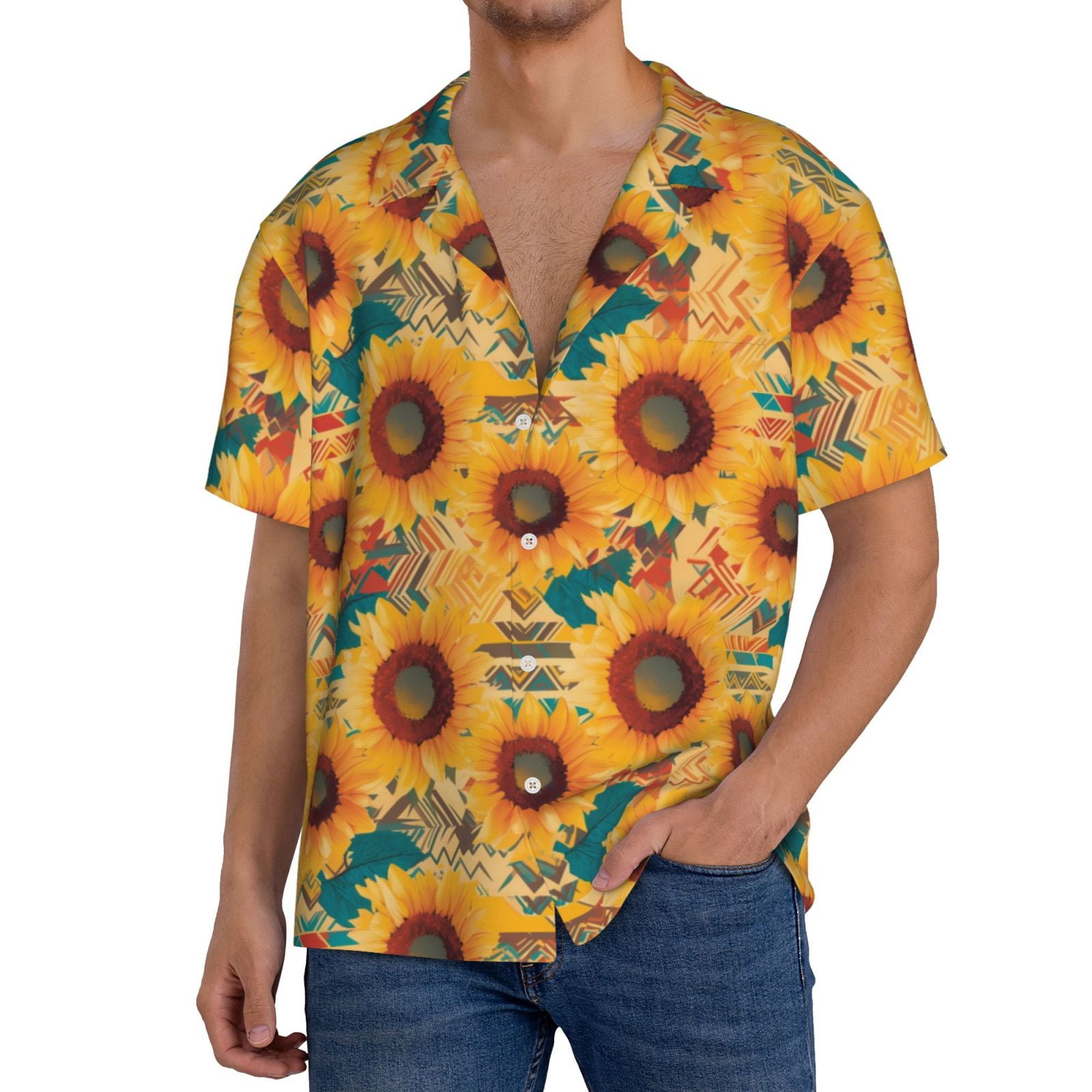 Derioi Beautiful Bohemian Sunflower for Men's Cuban Collar Short Sleeve ...