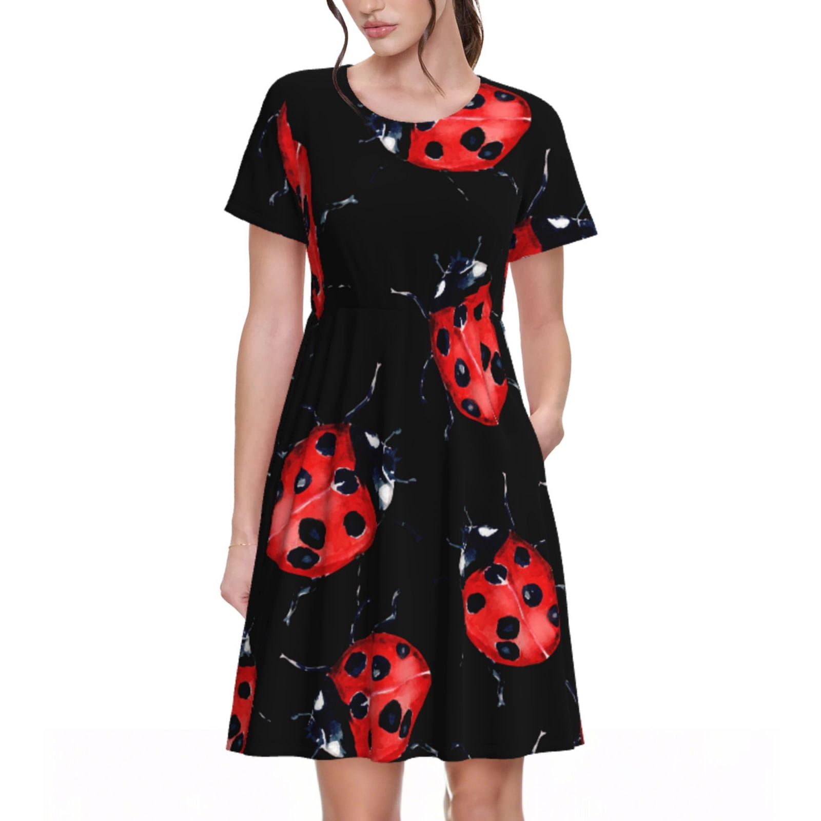 Derioi Beautiful Red Ladybug for Summer Short Sleeve Swing Dresses with ...