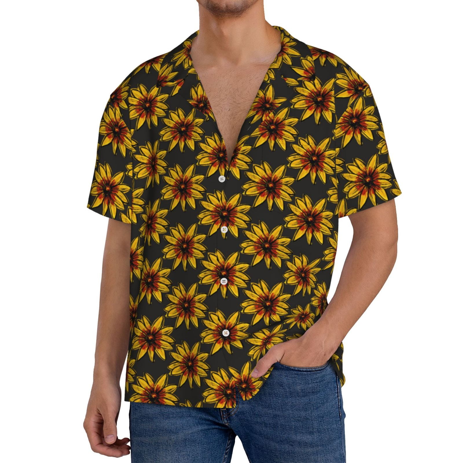 Derioi Beautiful Sunflower for Men's Cuban Collar Short Sleeve Casual ...