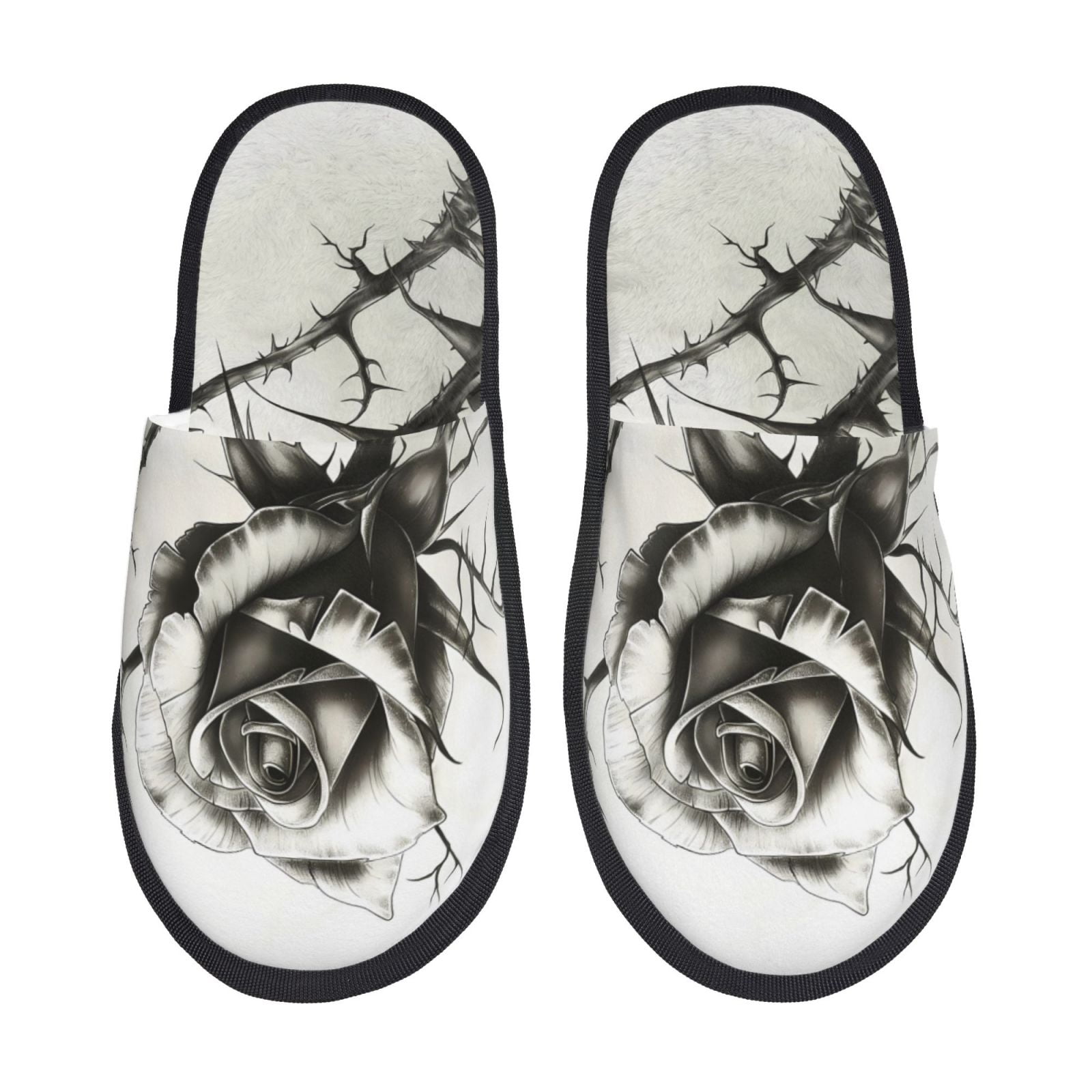 Derioi Black And White Rose for Slippers Indoor Outdoor Anti-Skid Warm ...