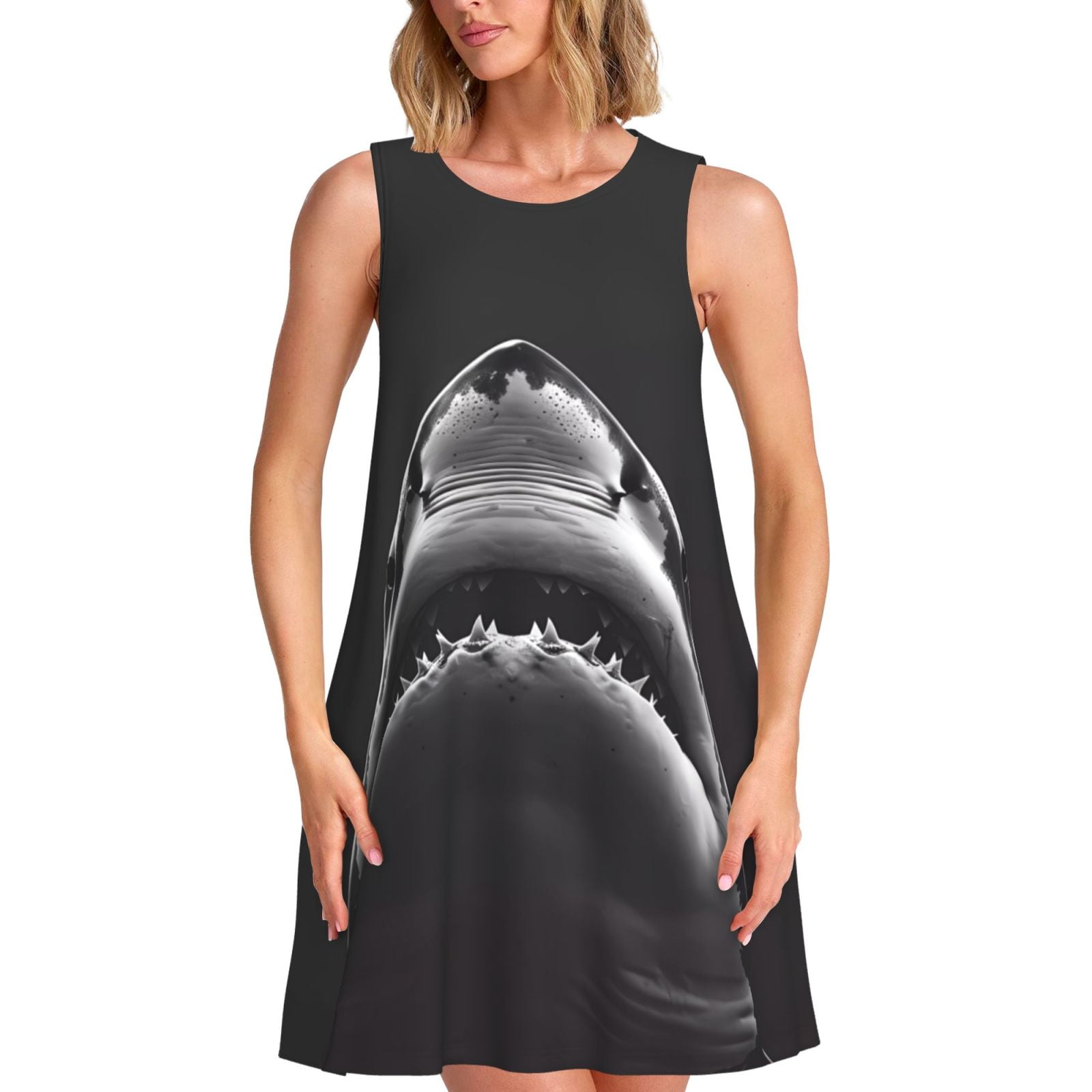 Derioi Black And White Shark For Summer Sleeveless Swing Dresses with ...