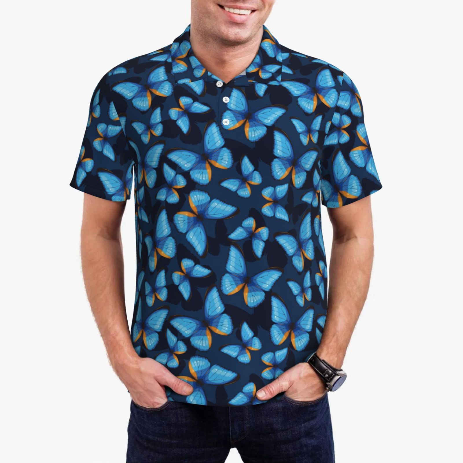 Derioi Blue Butterfly for Men's Polo Shirts Short Sleeve Golf Shirt for ...