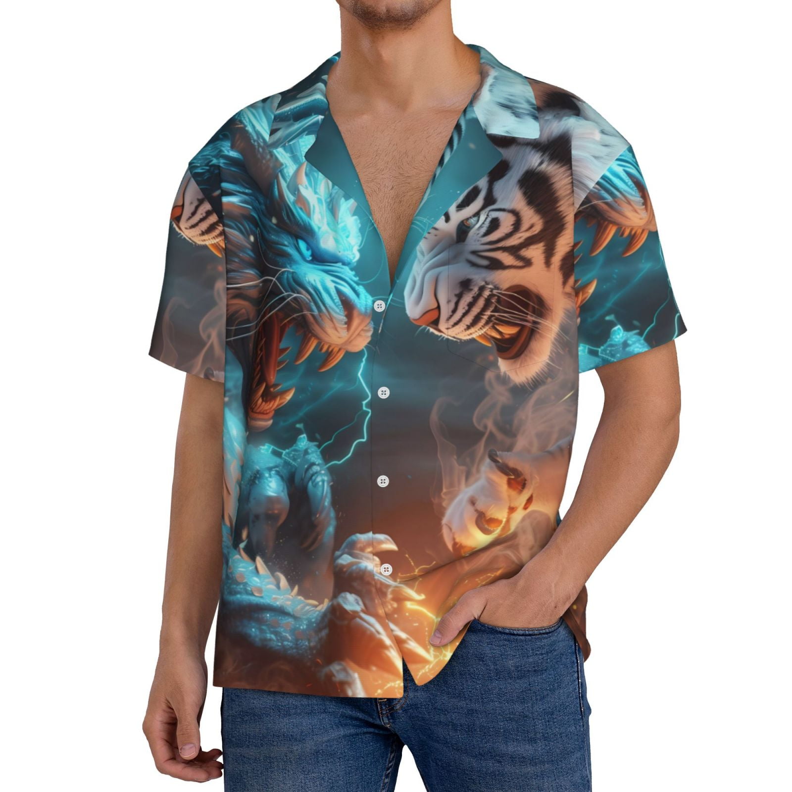 Derioi Blue Dragon And White Tiger for Men's Cuban Collar Short Sleeve ...