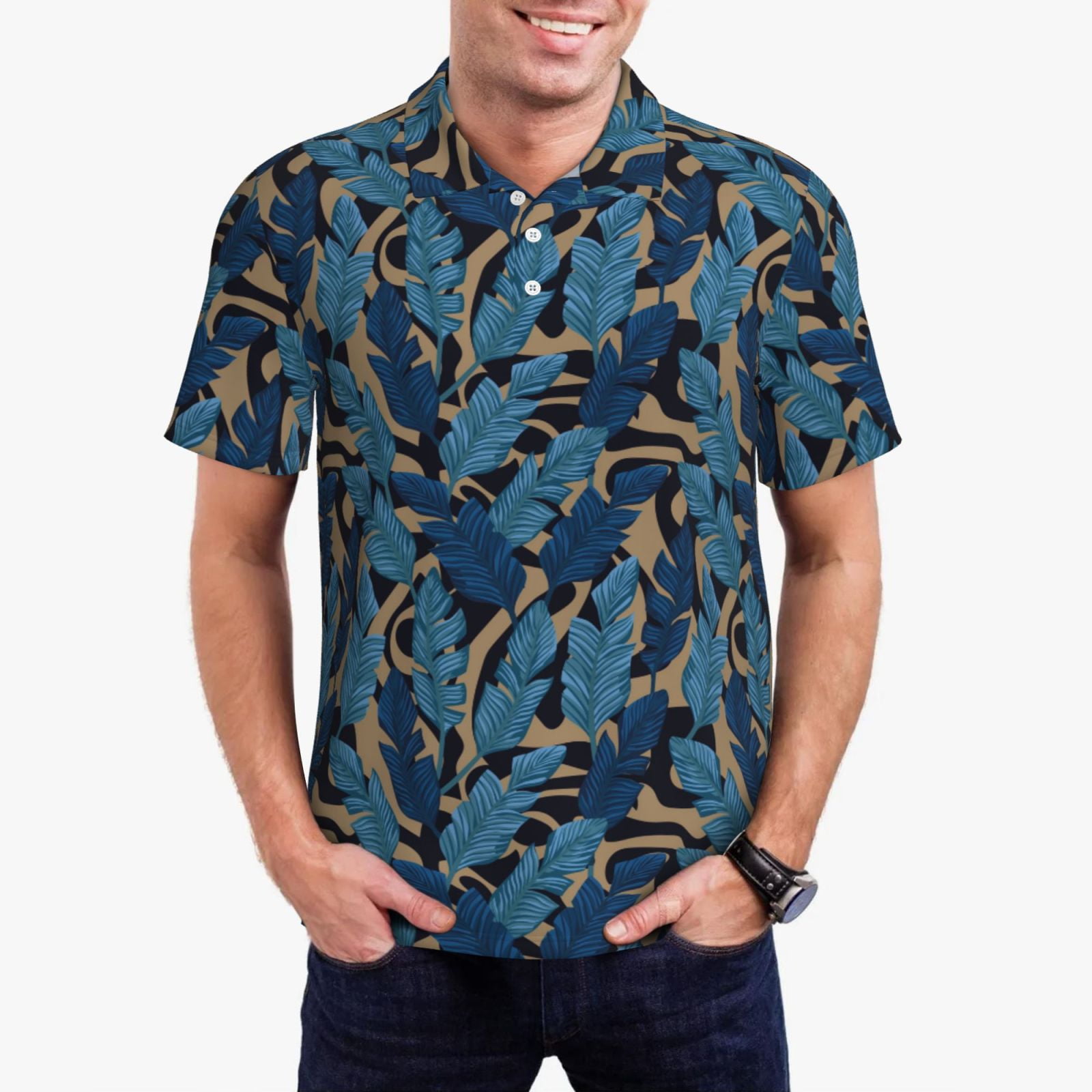 Derioi Blue Leaves A for Men's Polo Shirts Short Sleeve Golf Shirt for ...