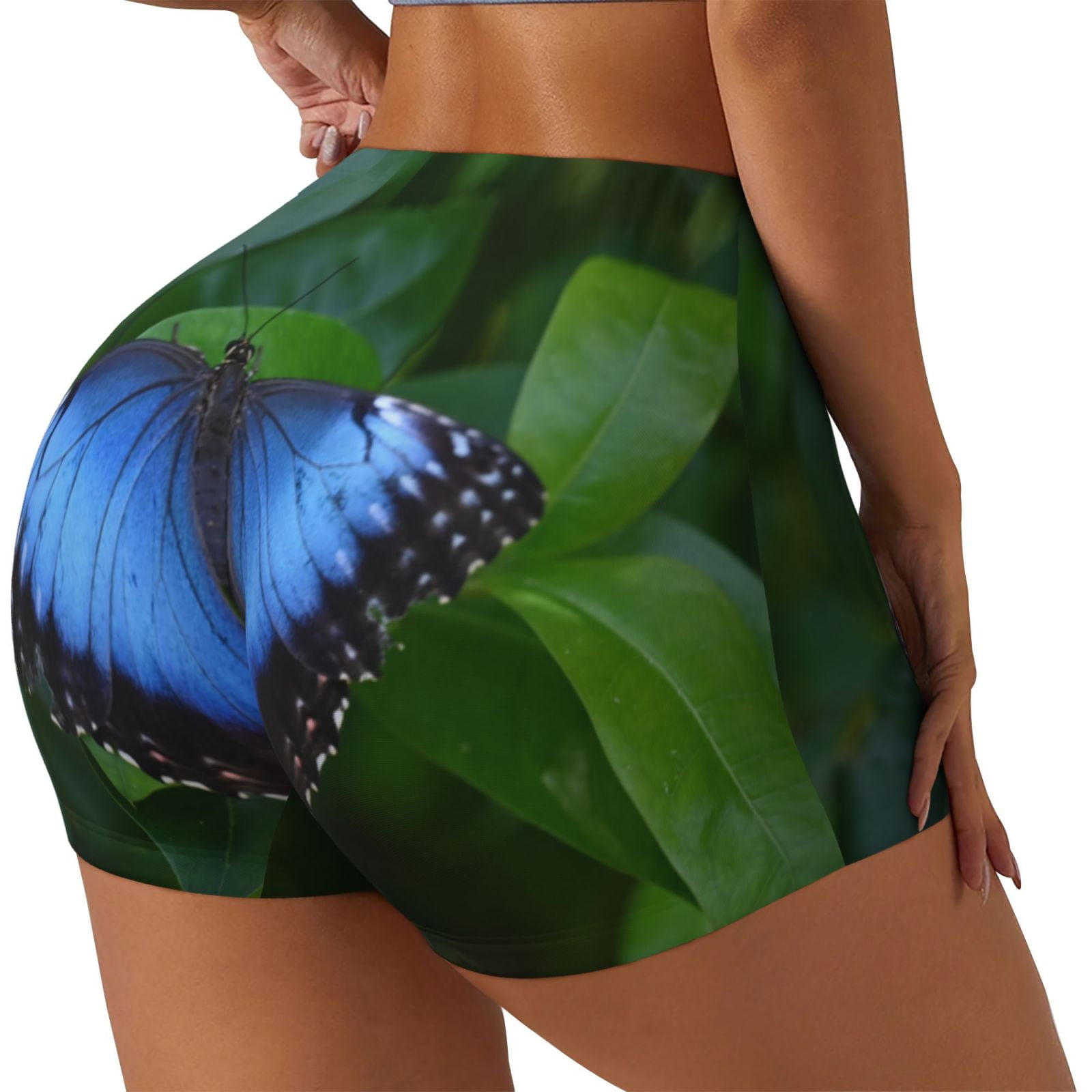 Derioi Blue Morpho butterfly for Women's Workout Shorts Seamless Scrunch Butt Lifting High ...