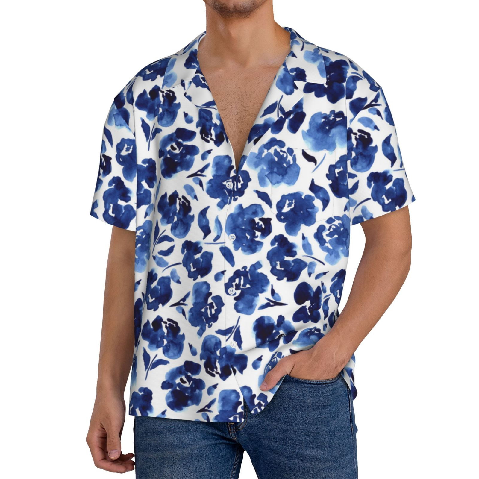 Derioi Blue Roses for Men's Cuban Collar Short Sleeve Casual Button ...