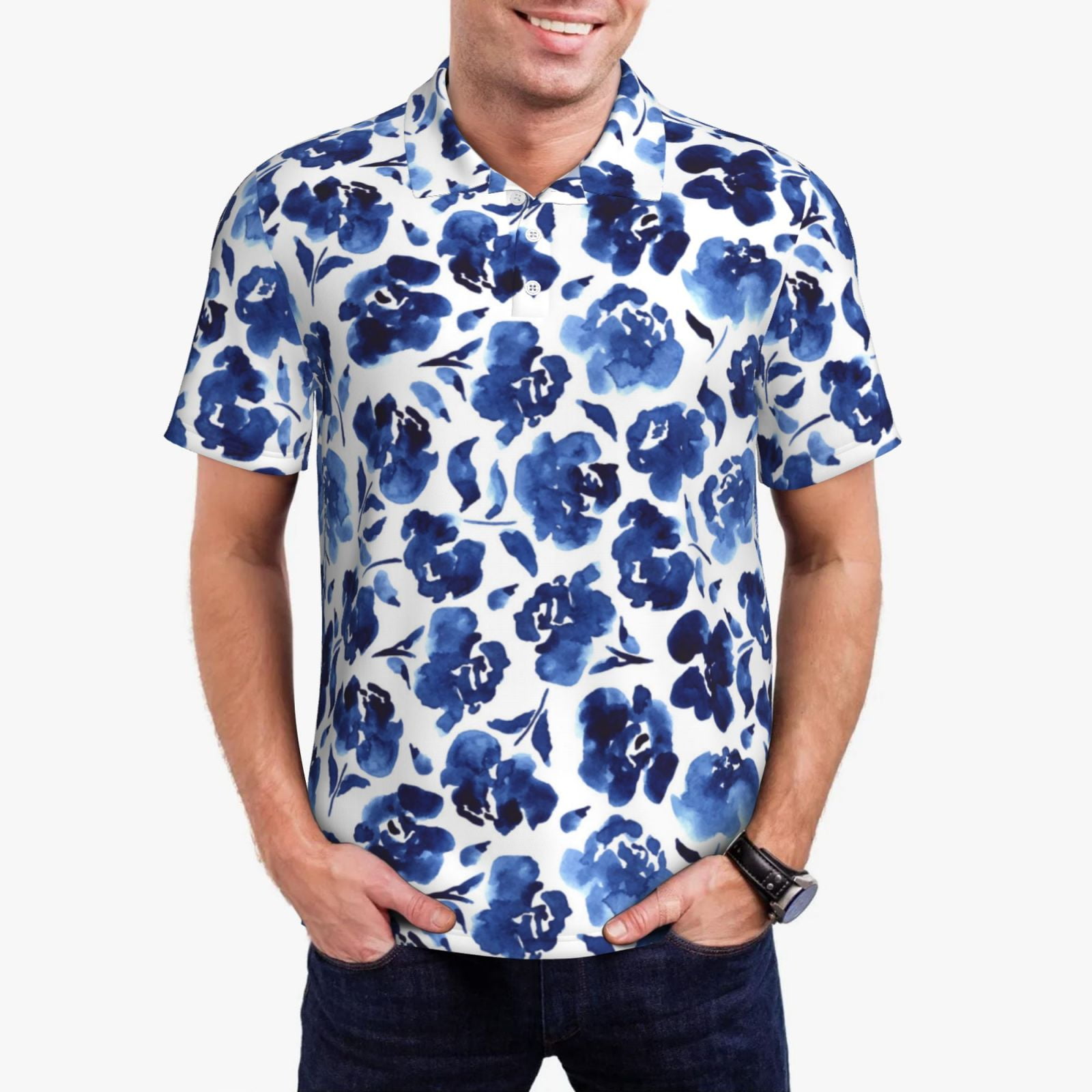 Derioi Blue Roses for Men's Polo Shirts Short Sleeve Golf Shirt for ...