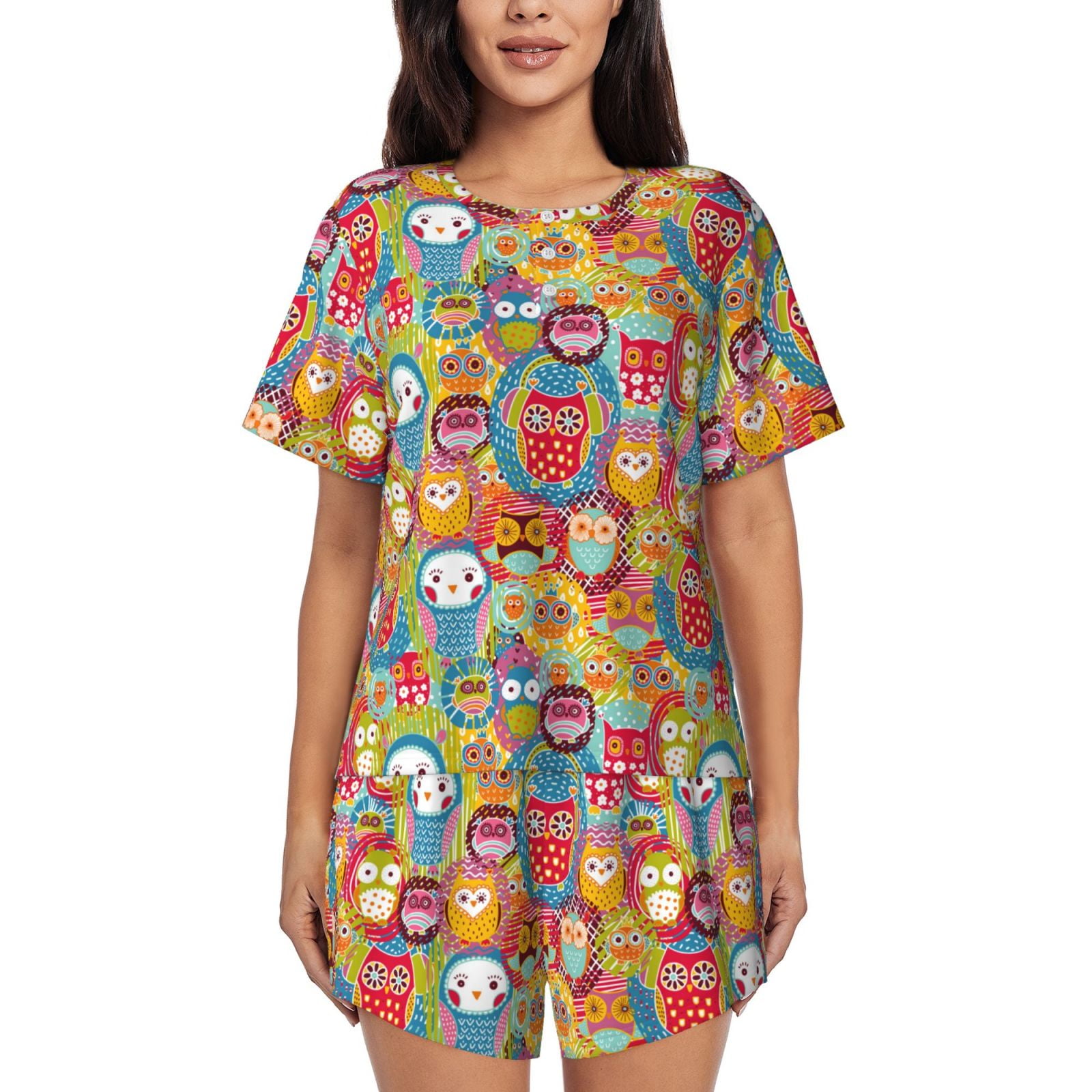 Derioi Boho Cute Owls for Women's Short-Sleeved Pajama 2 Piece Shorts ...