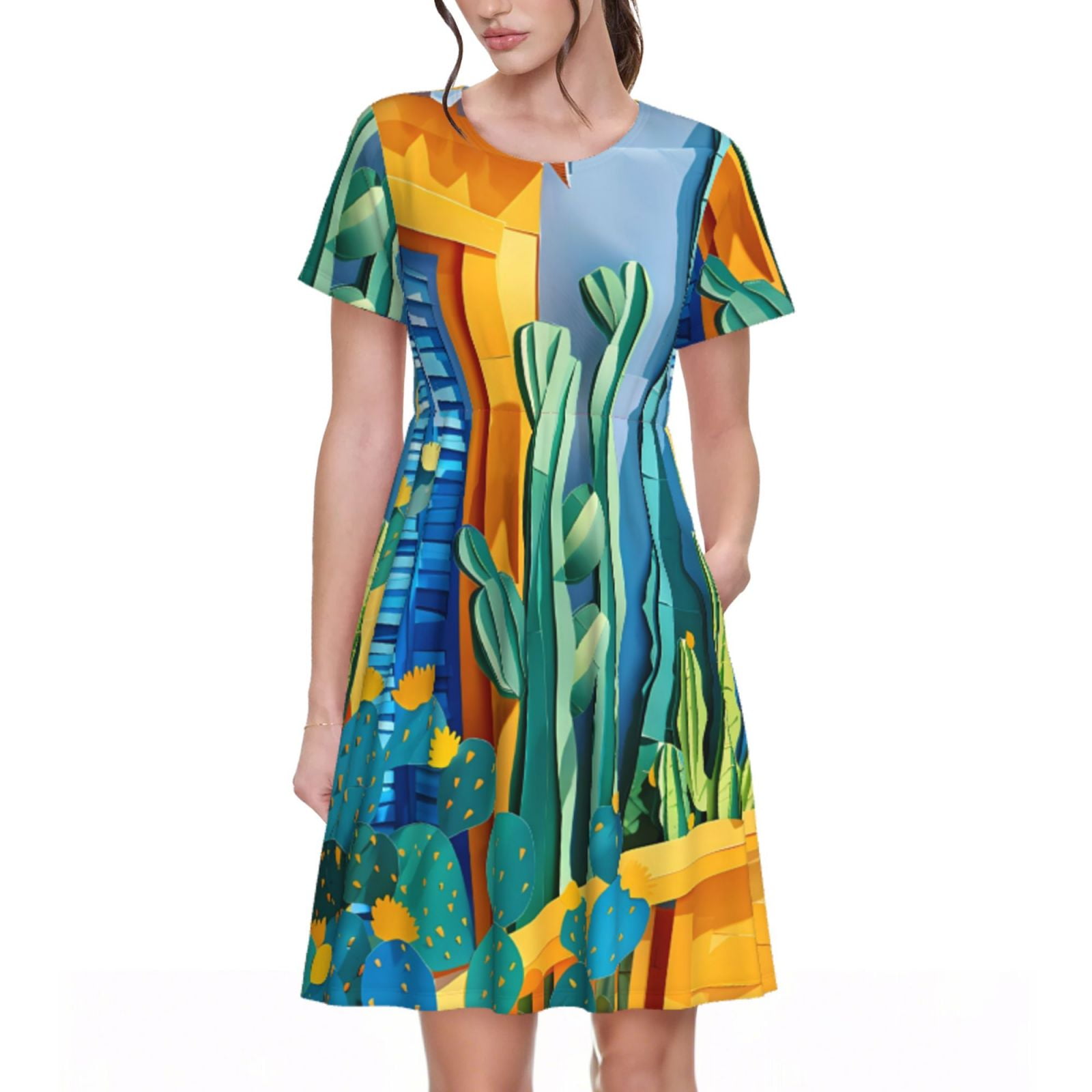 Derioi Bright Paper Cactus Scene for Summer Short Sleeve Swing Dresses ...