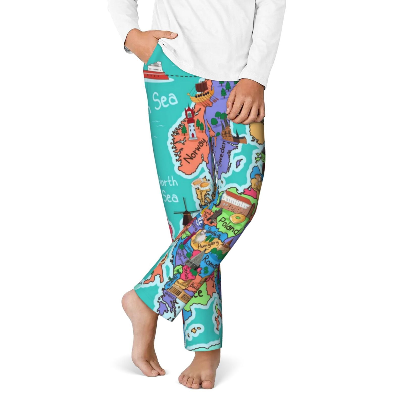 Derioi Cartoon Map Of Europe for Pajama Pants Men Elastic Waistband ...