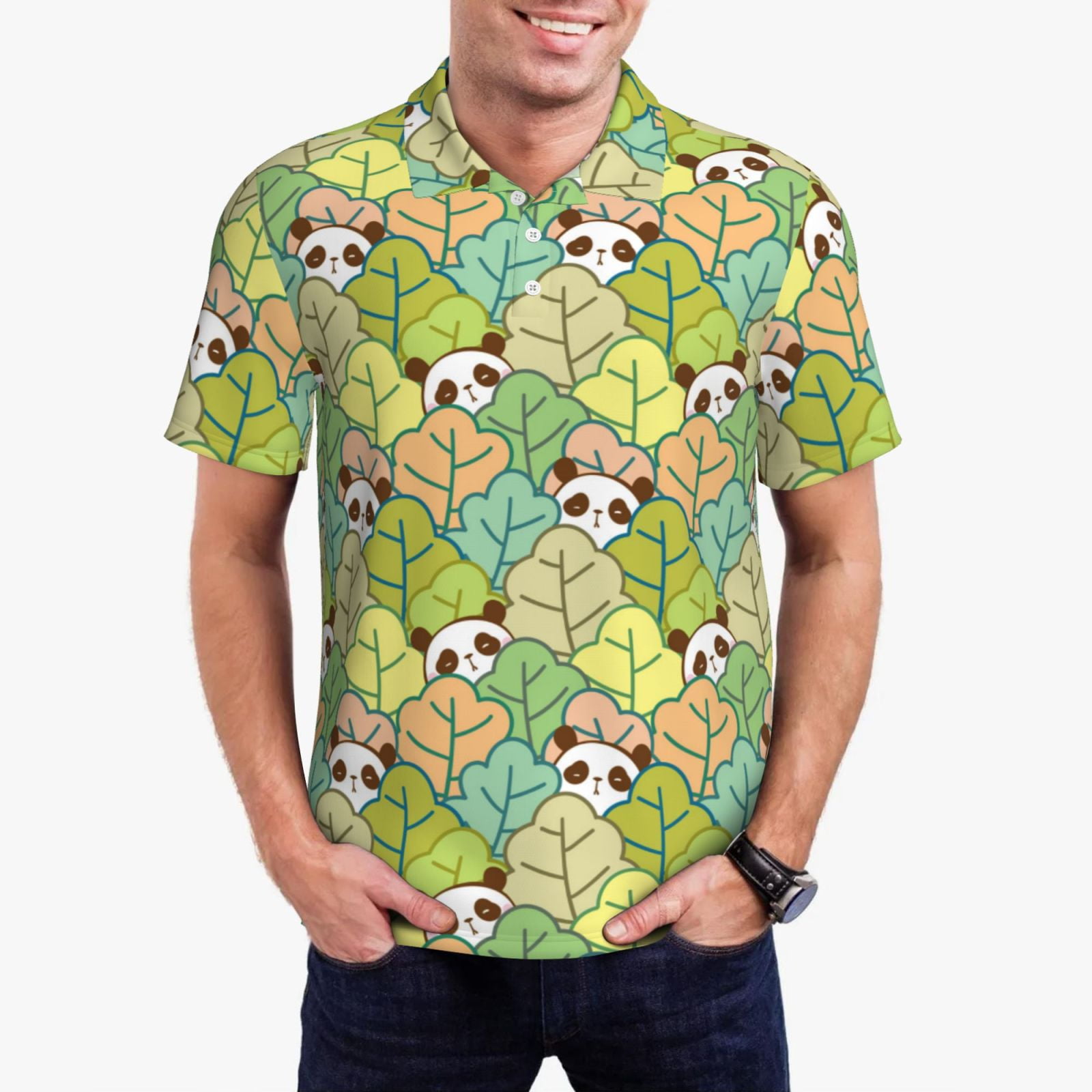Derioi Cartoon Panda And Leaf for Men's Polo Shirts Short Sleeve Golf ...