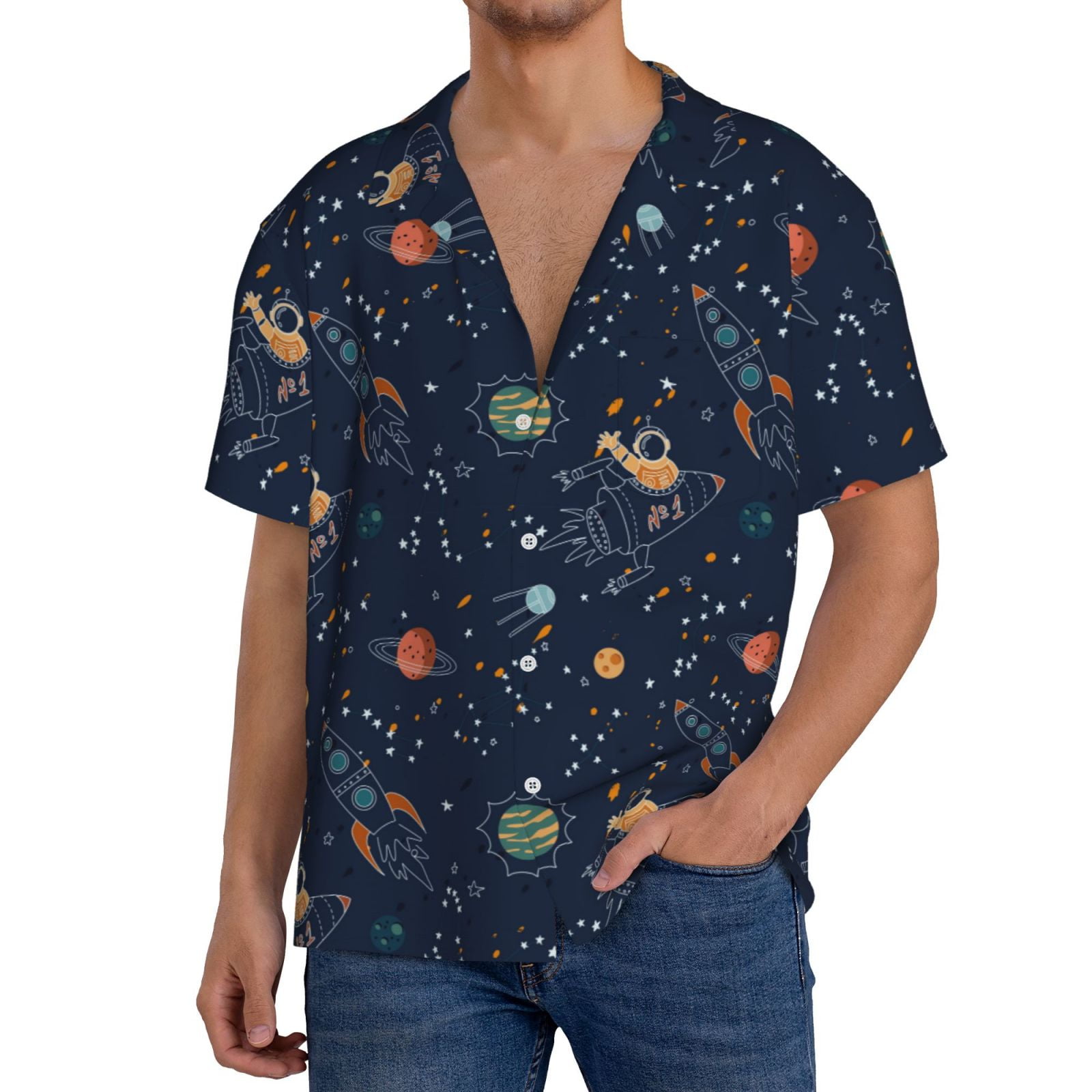 Derioi Cartoon Space Planets for Men's Cuban Collar Short Sleeve Casual ...