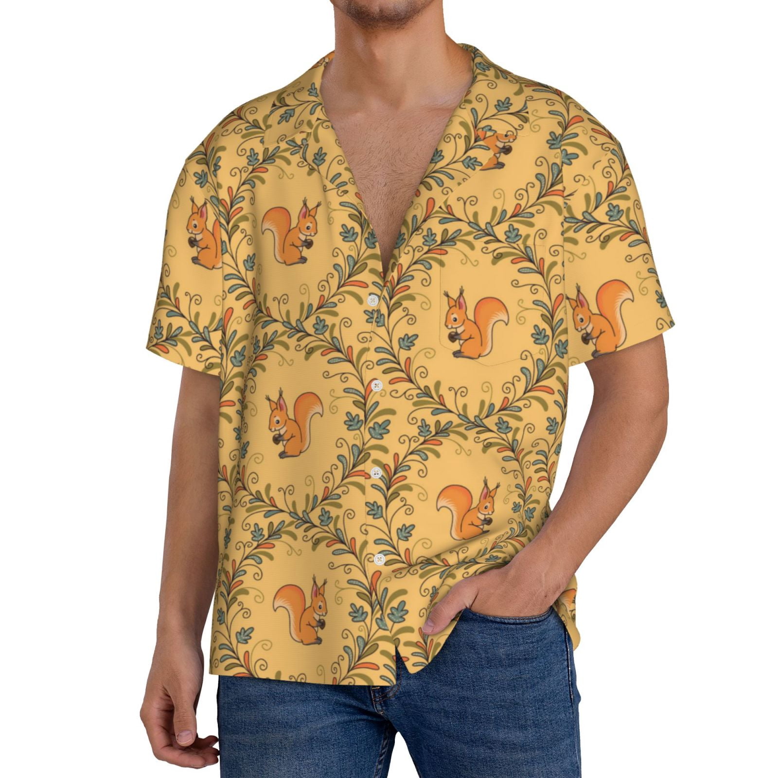 Derioi Cartoon Squirrel for Men's Cuban Collar Short Sleeve Casual ...
