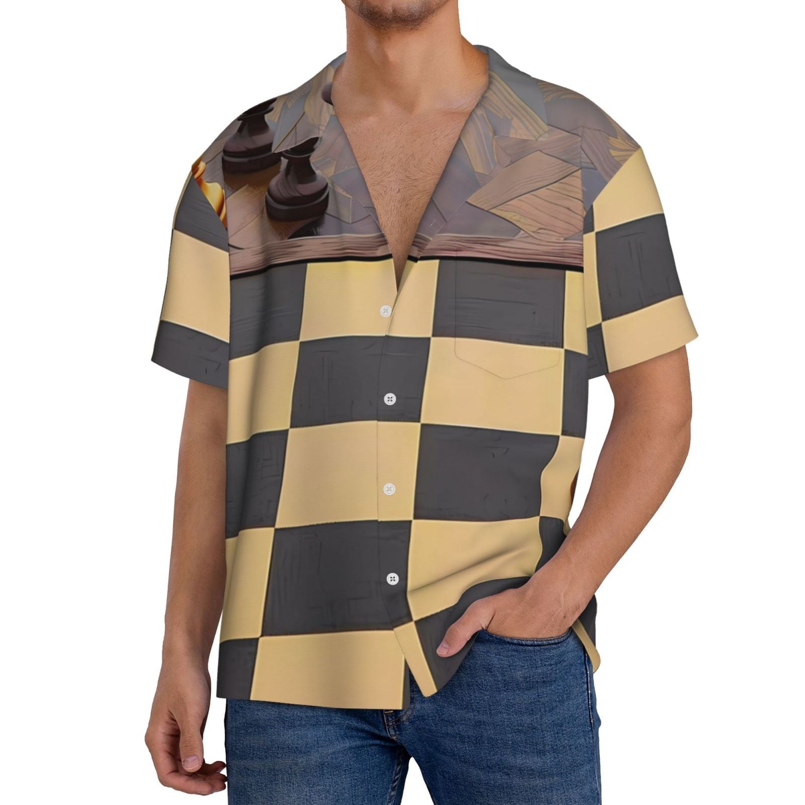 Derioi Chess Board With Pawns for Men's Cuban Collar Short Sleeve ...