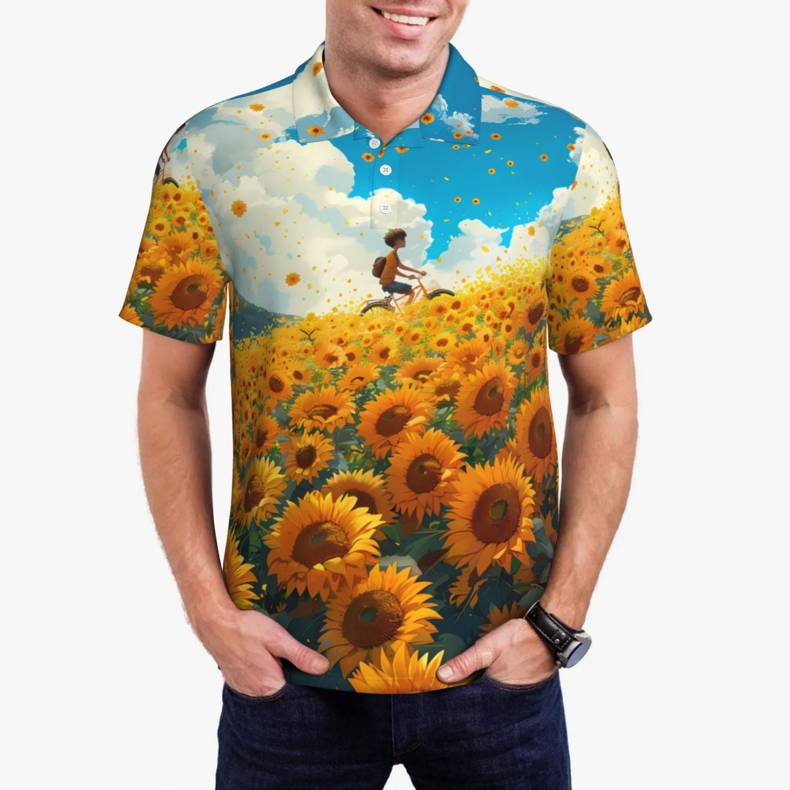 Derioi Clear Sky Sunflower for Men's Polo Shirts Short Sleeve Golf ...