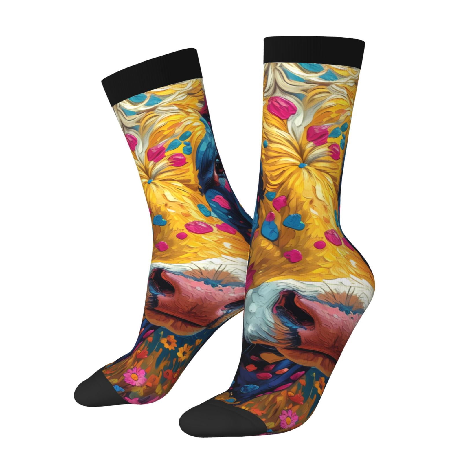 Derioi Colorful Daisy Sunflower Cow Printed Middle Tube Socks for ...