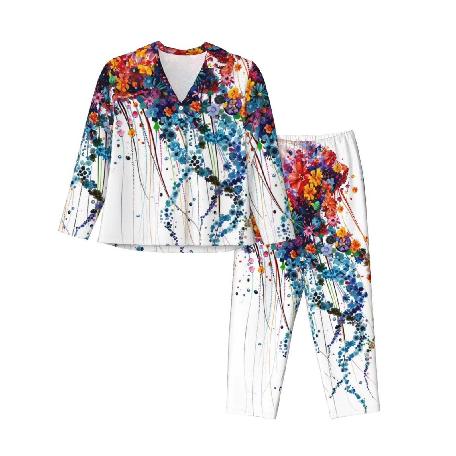 Derioi Colorful Floral Jellyfish for Button Up Pajamas for Women Women’s Sleepwear Pj Sets for ...