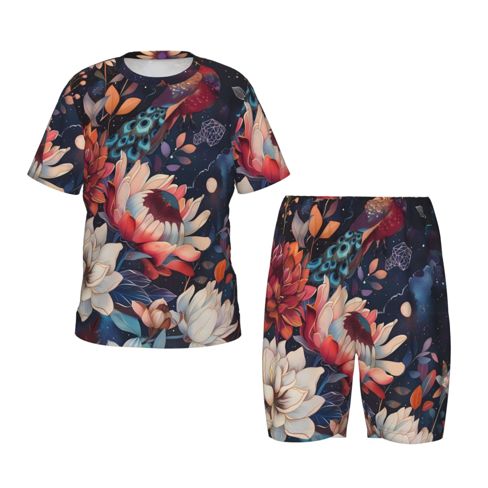 Derioi Colorful Flower Peacock for Short-Sleeved Summer Pajama Set for ...