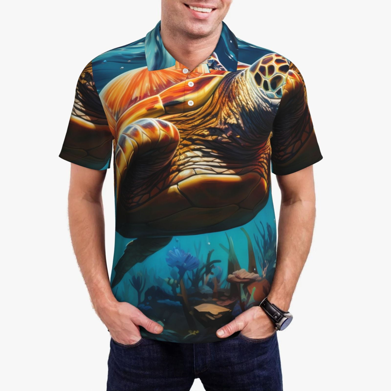 Derioi Colorful Flower Sea Turtle for Men's Polo Shirts Short Sleeve ...