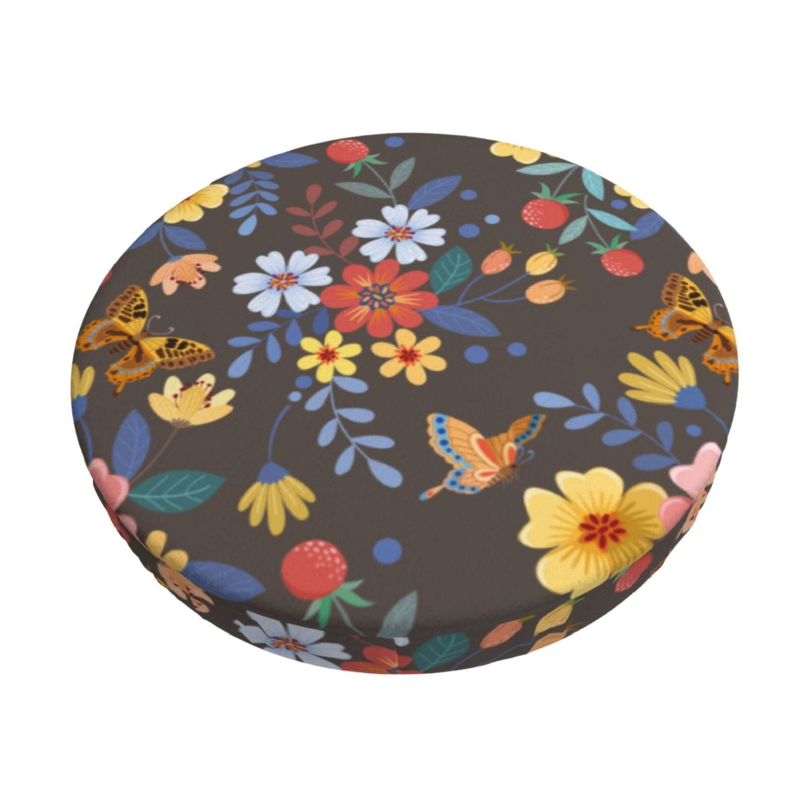 Derioi Colorful Flowers with Butterfly for Round Bar Chair Cushion Cover Round Stool Cover ...