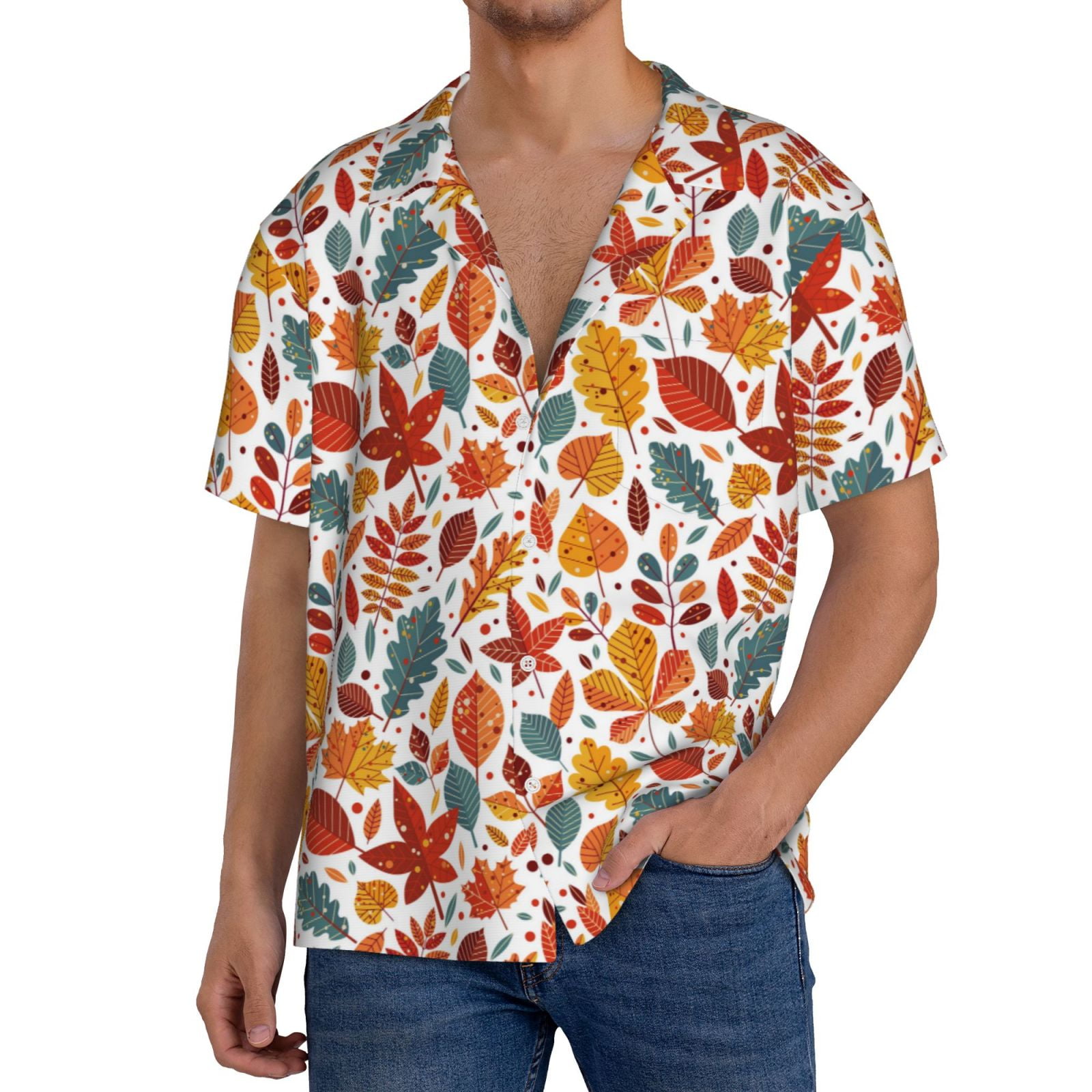 Derioi Colorful Maple Leaves for Men's Cuban Collar Short Sleeve Casual ...