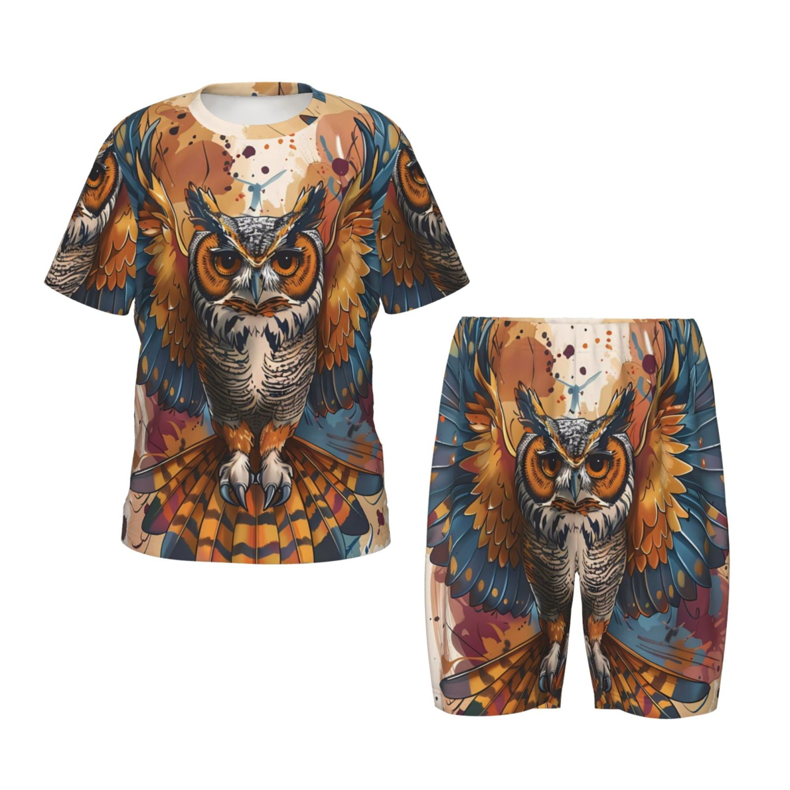 Derioi Colorful Owl Tattoo Art for Short-Sleeved Summer Pajama Set for ...
