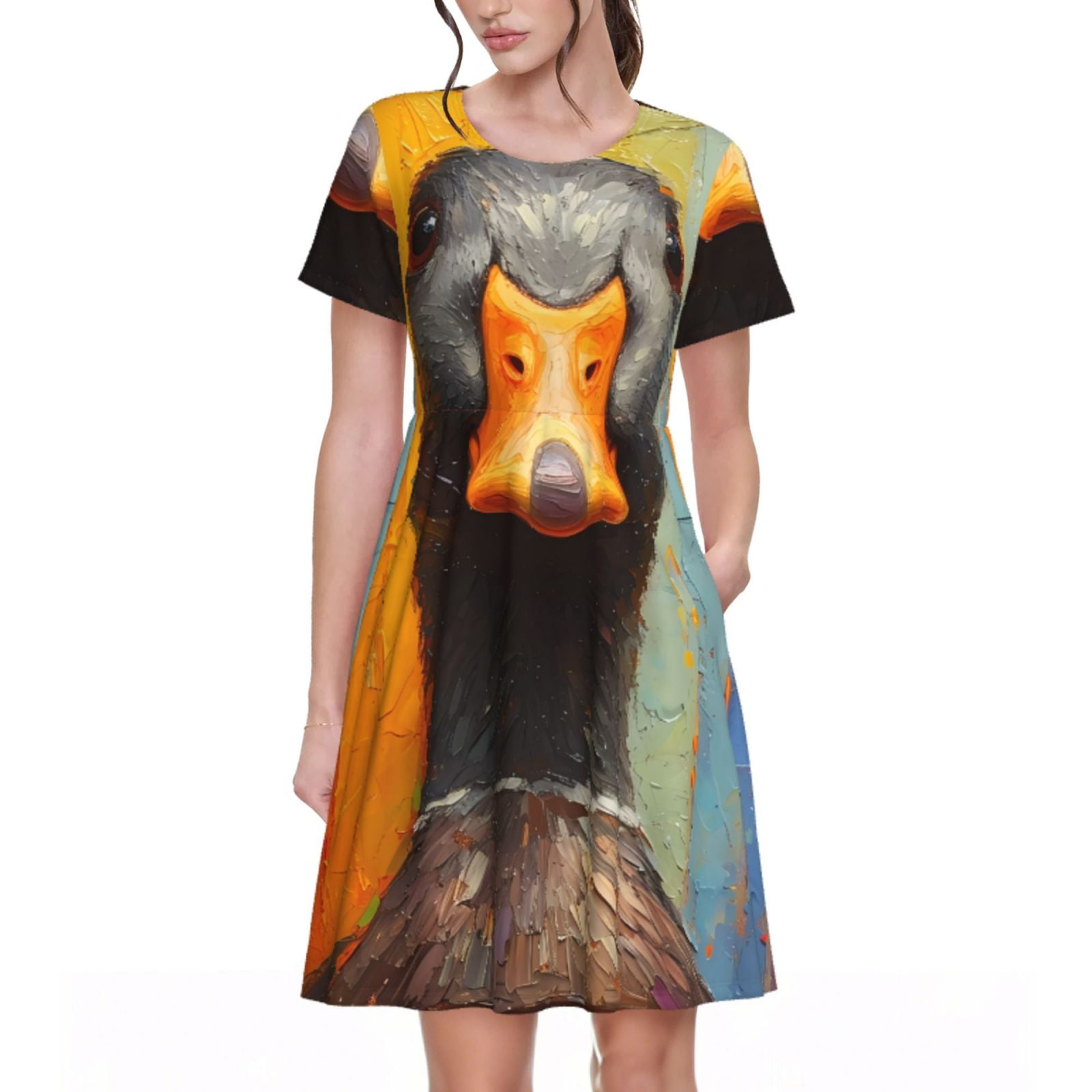 Derioi Colorful Painted Duck for Summer Short Sleeve Swing Dresses with ...
