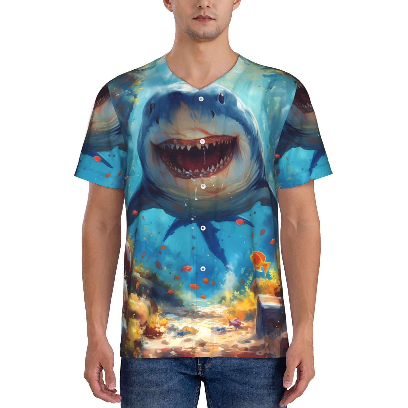 Derioi Colorful Underwater Shark for Men's Baseball T-shirt Short ...