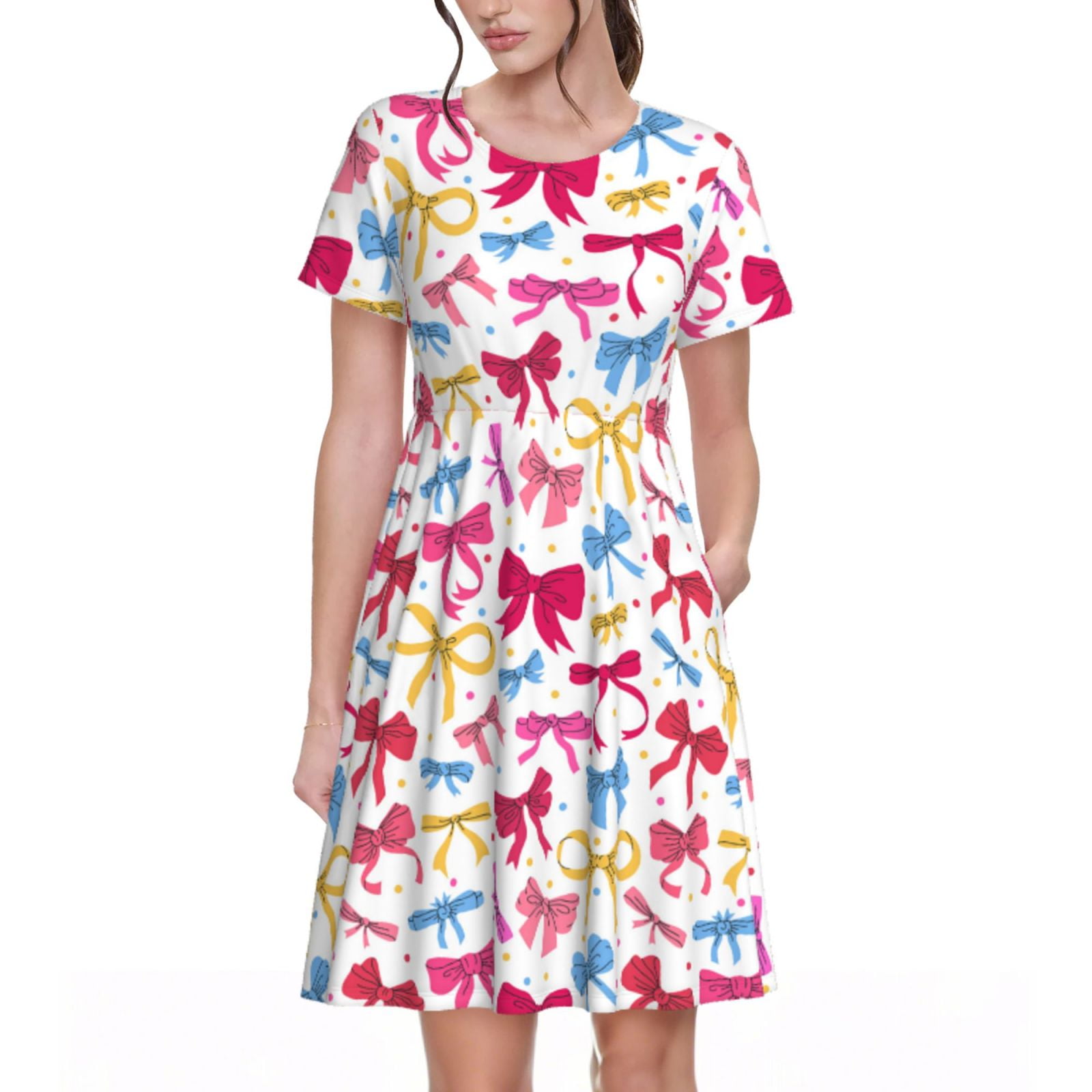 Derioi Colorful bows for Summer Short Sleeve Swing Dresses with Pockets ...