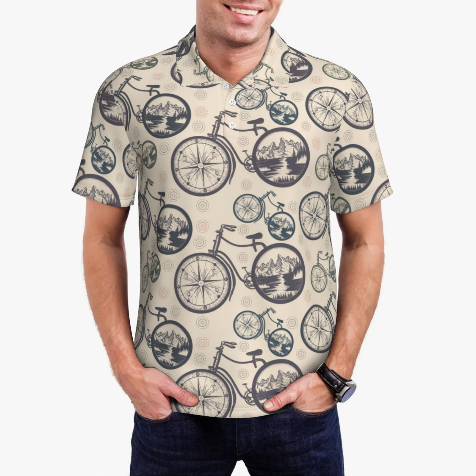 Derioi Compass And Mountains In Bicycle Wheels for Men's Polo Shirts ...