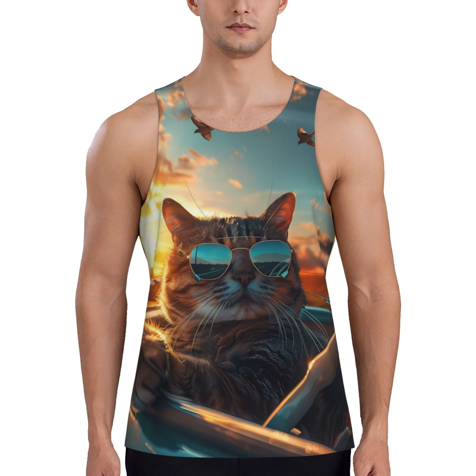 Derioi Cool Cat Driving Sunset for Men's Workout Tank Top Muscle Gym ...