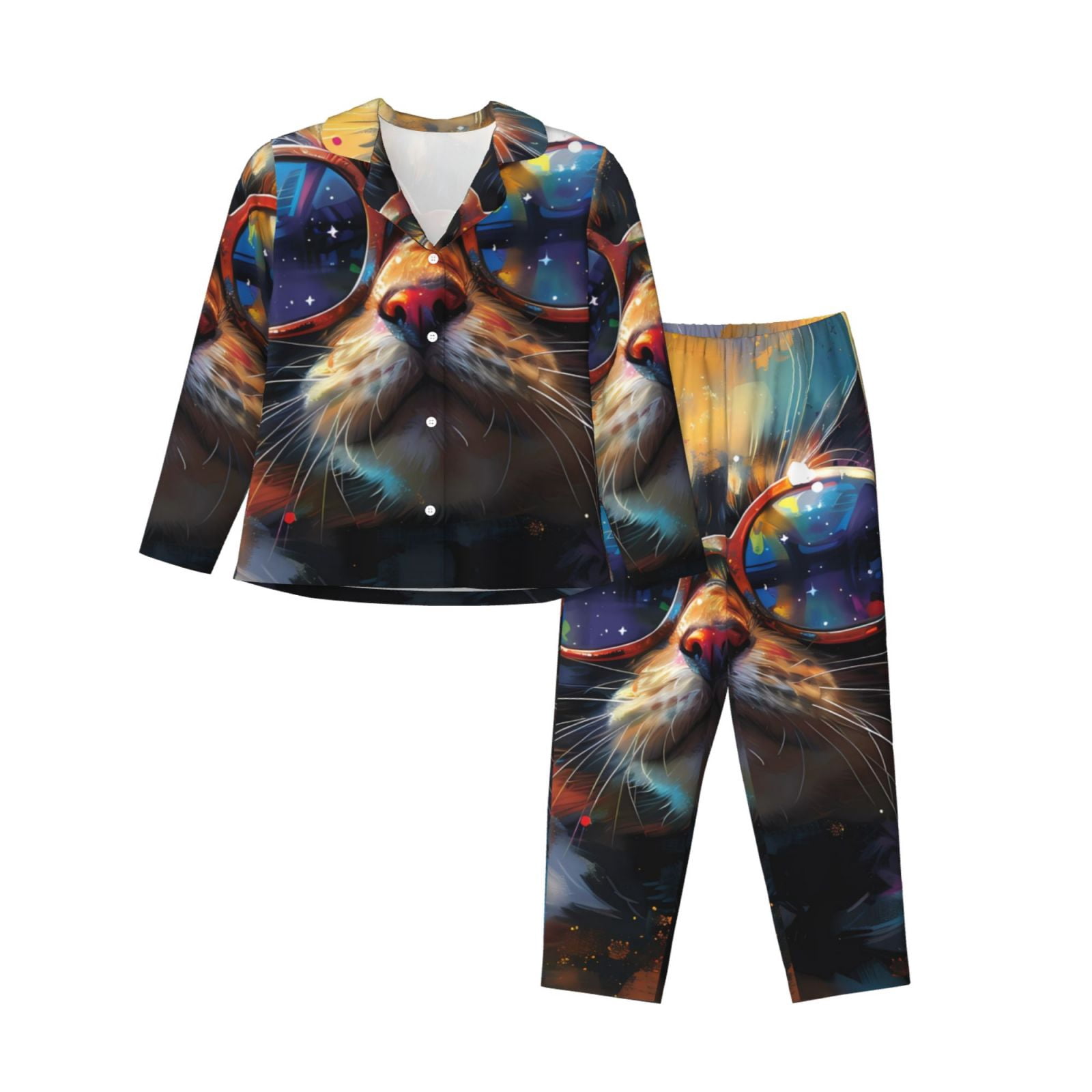 Derioi Cool Cat With Sunglasses for Button Up Pajamas for Women Women’s ...
