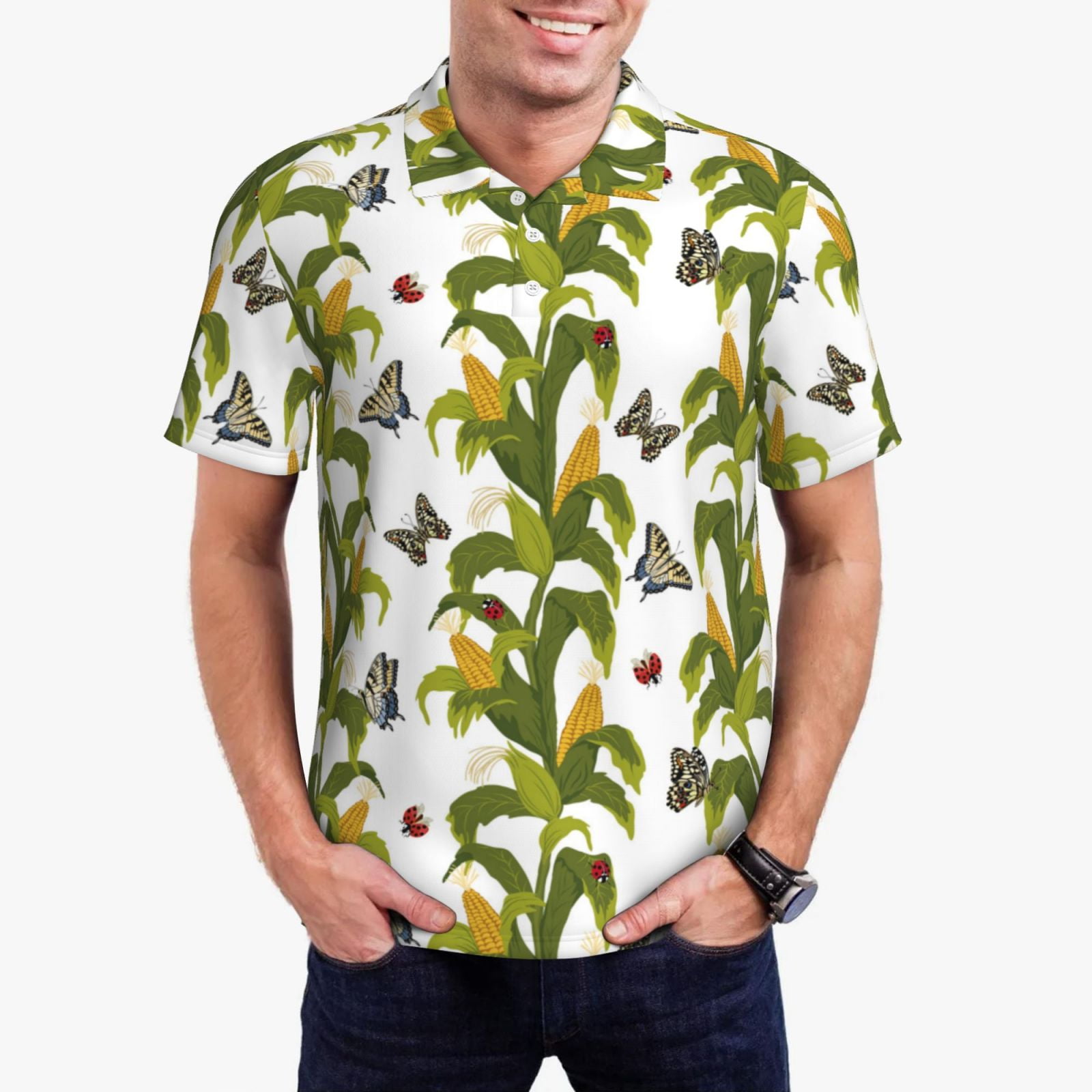 Derioi Corn And Butterflies for Men's Polo Shirts Short Sleeve Golf ...