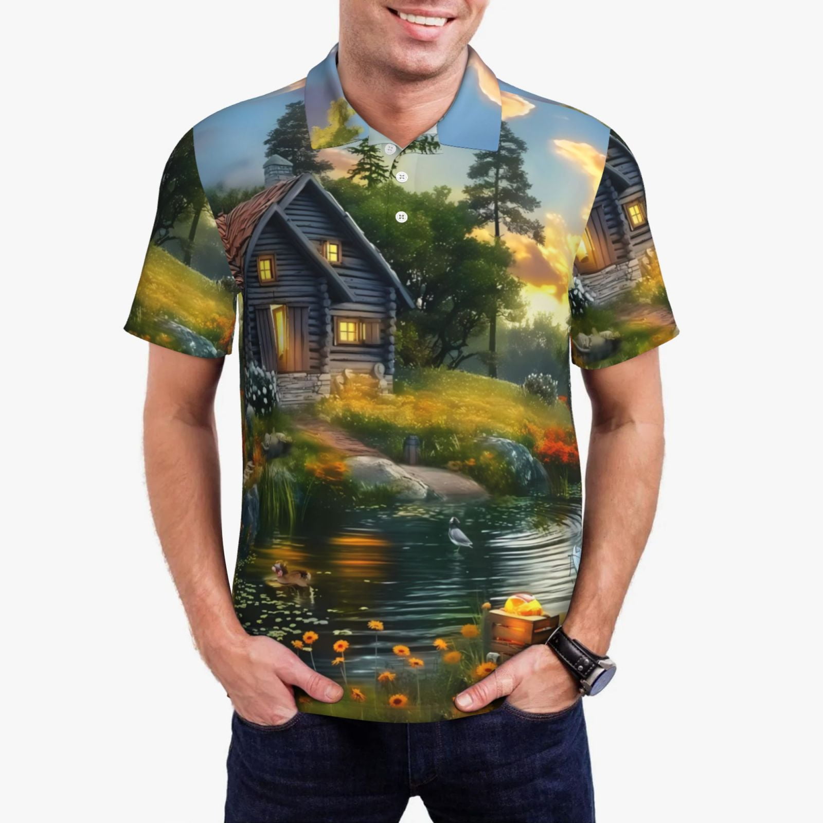 Derioi Cozy Cottage Lakeside Sunset for Men's Polo Shirts Short Sleeve ...