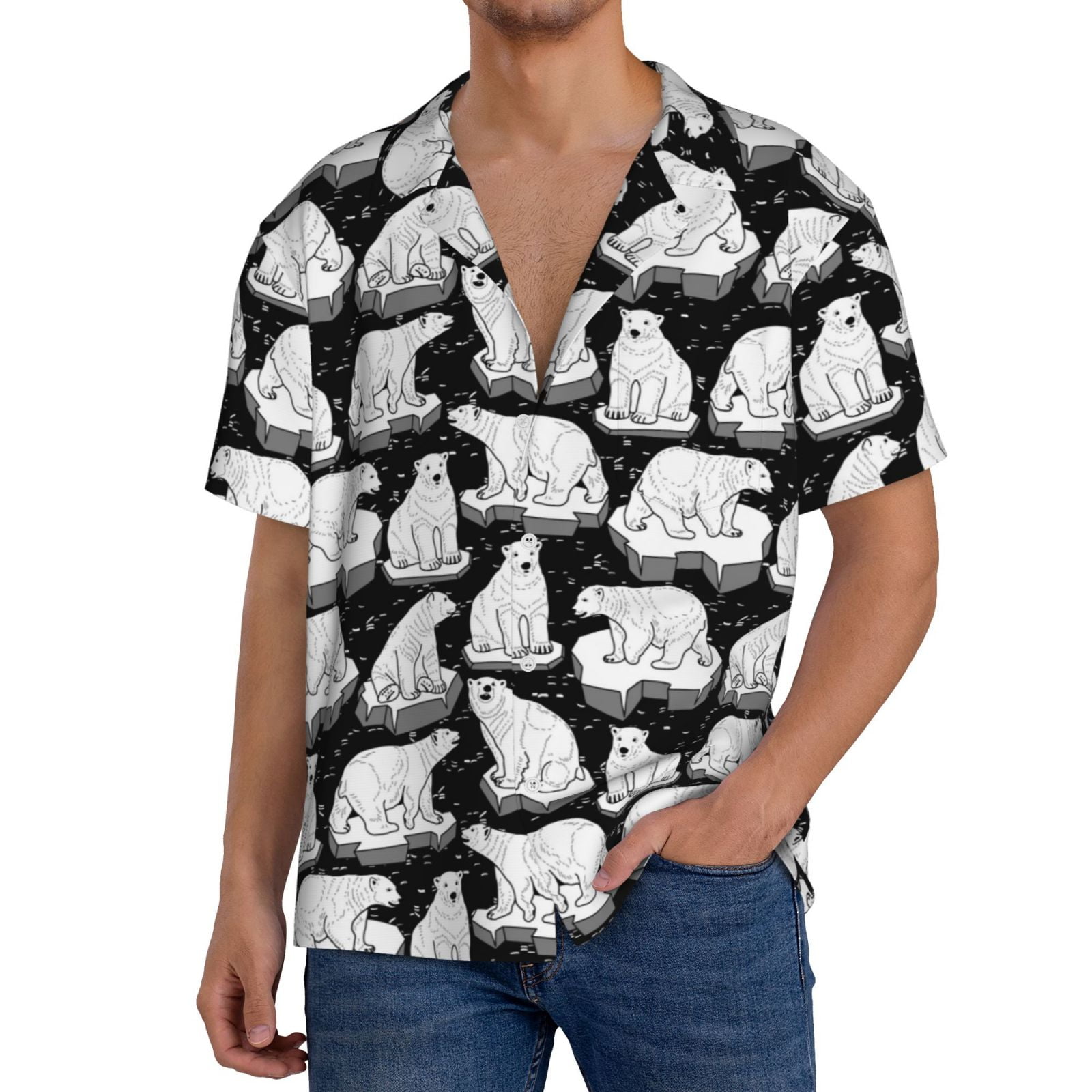 Derioi Cute Cartoon Polar Bear for Men's Cuban Collar Short Sleeve Casual Button Down Shirts ...
