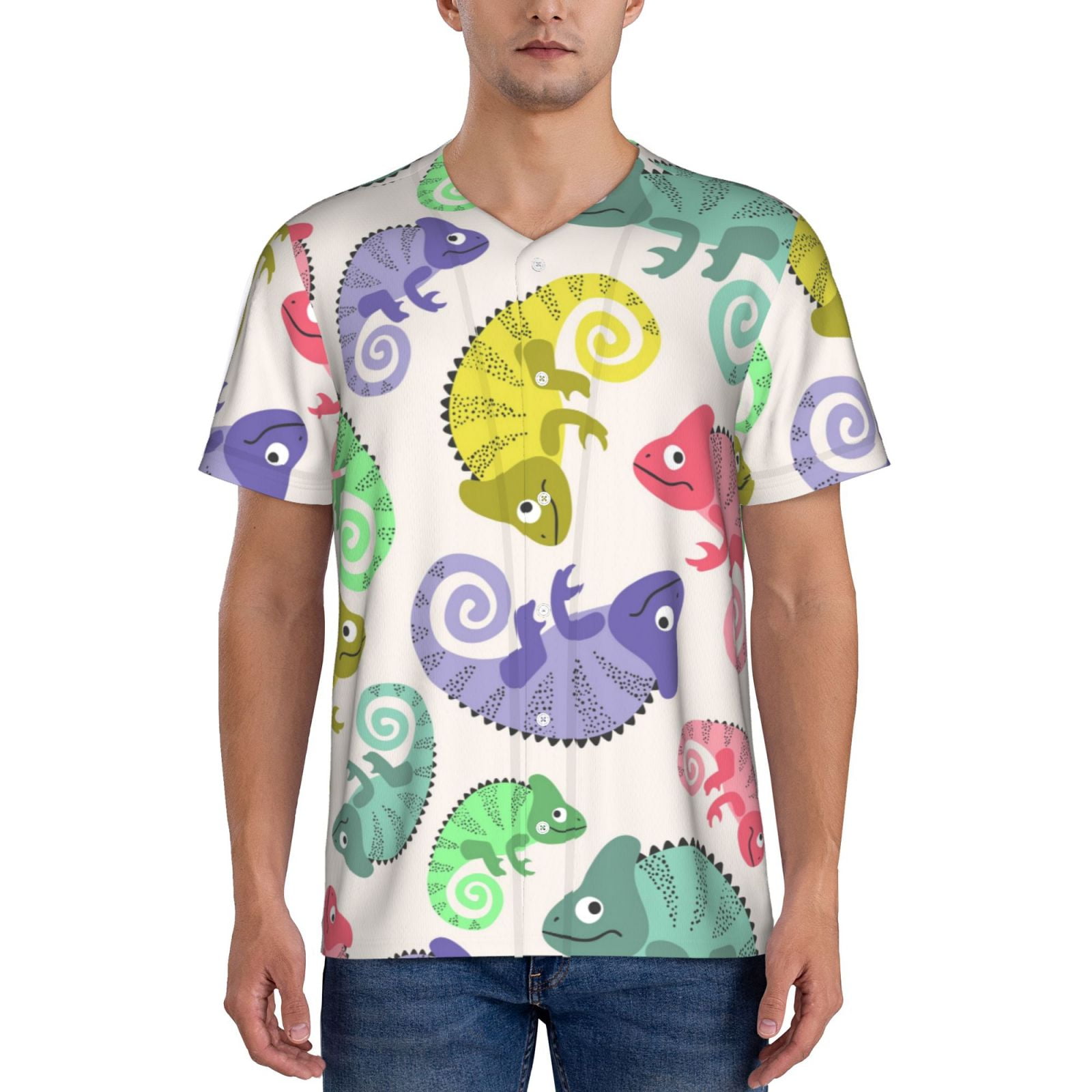 Derioi Cute Chameleons for Men's Baseball T-shirt Short Sleeves Button ...