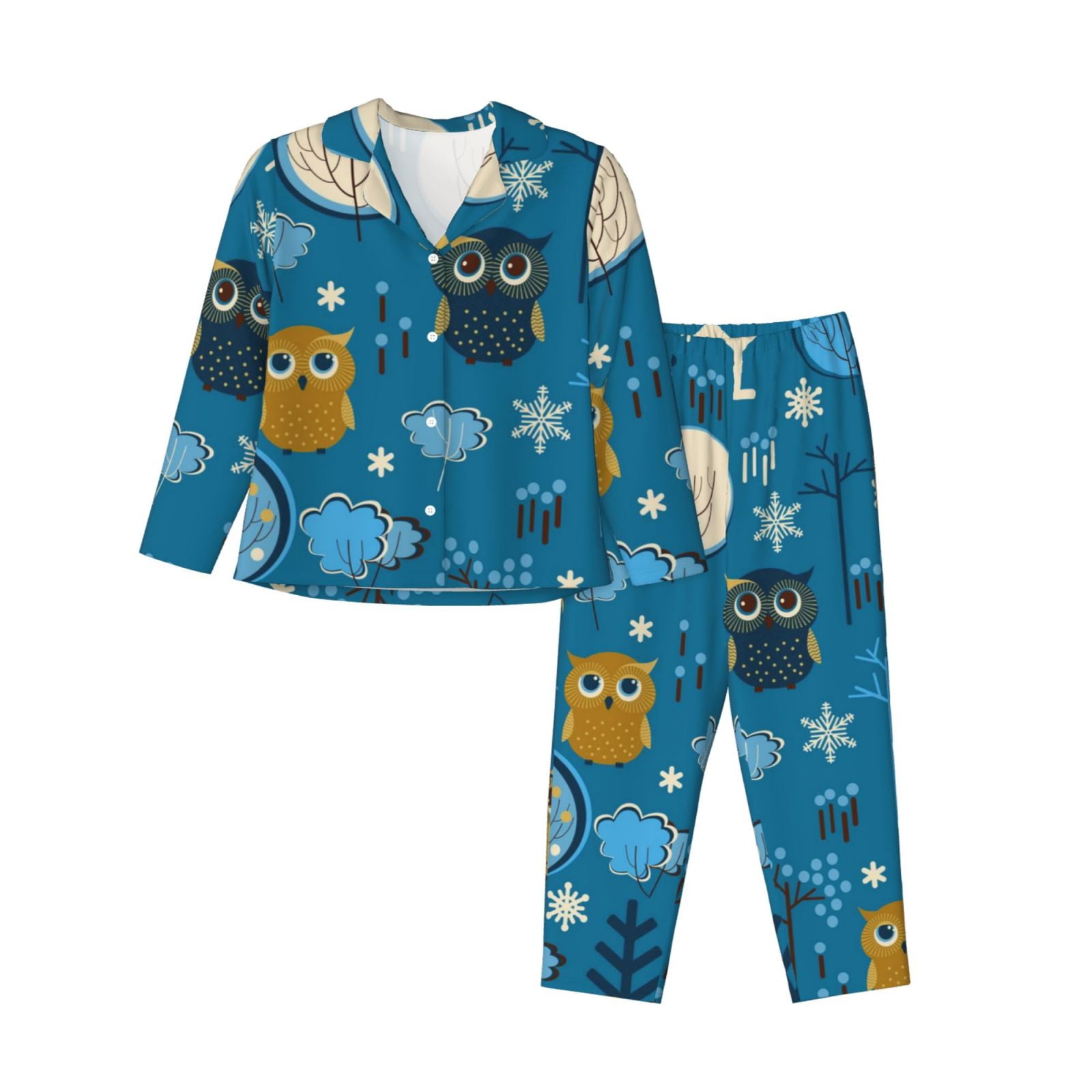 Derioi Cute Colorful Owls And Trees for Button Up Pajamas for Women ...