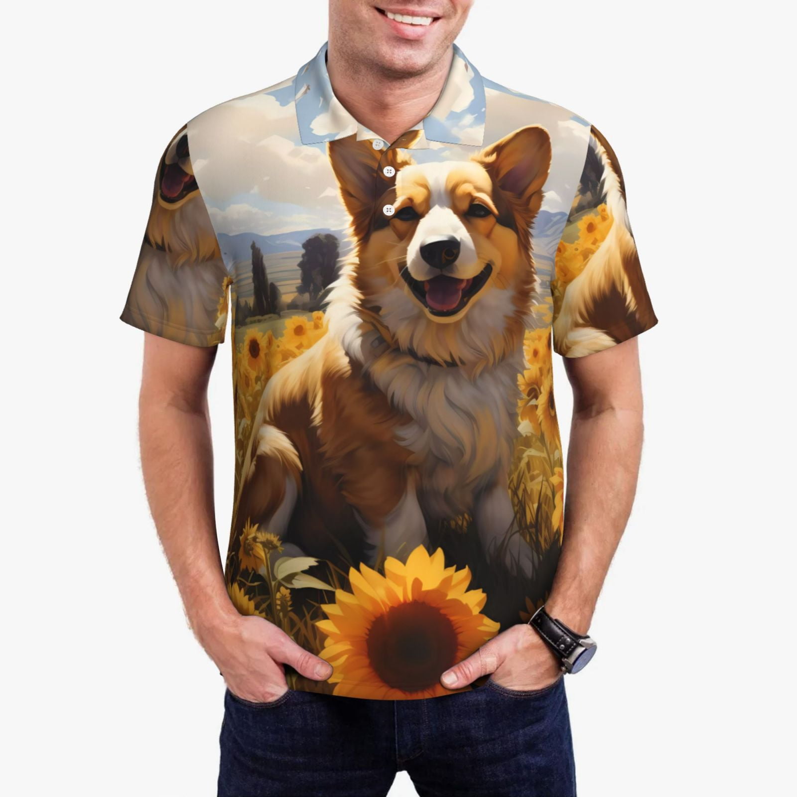 Derioi Cute Corgi Sunflower for Men's Polo Shirts Short Sleeve Golf ...