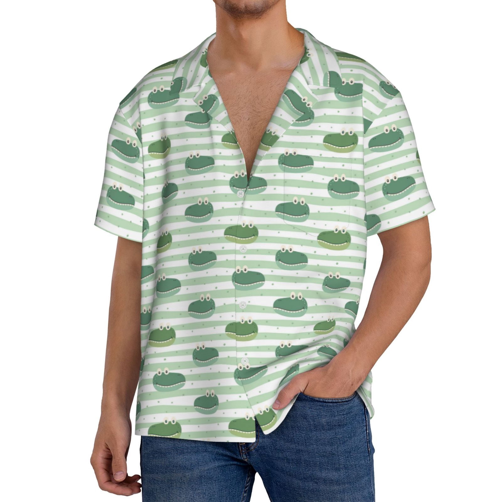 Derioi Cute Crocodile for Men's Cuban Collar Short Sleeve Casual Button ...