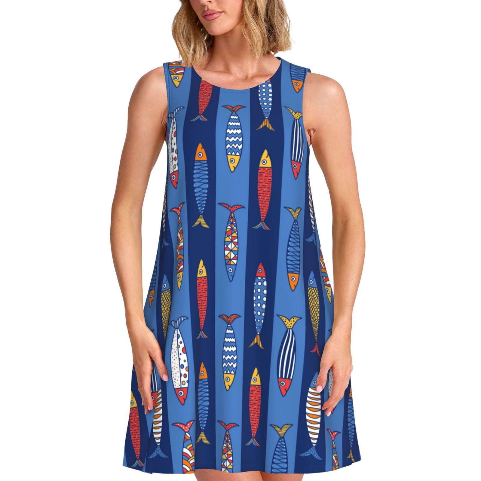 Derioi Cute Fish For Summer Sleeveless Swing Dresses with Pockets Women ...