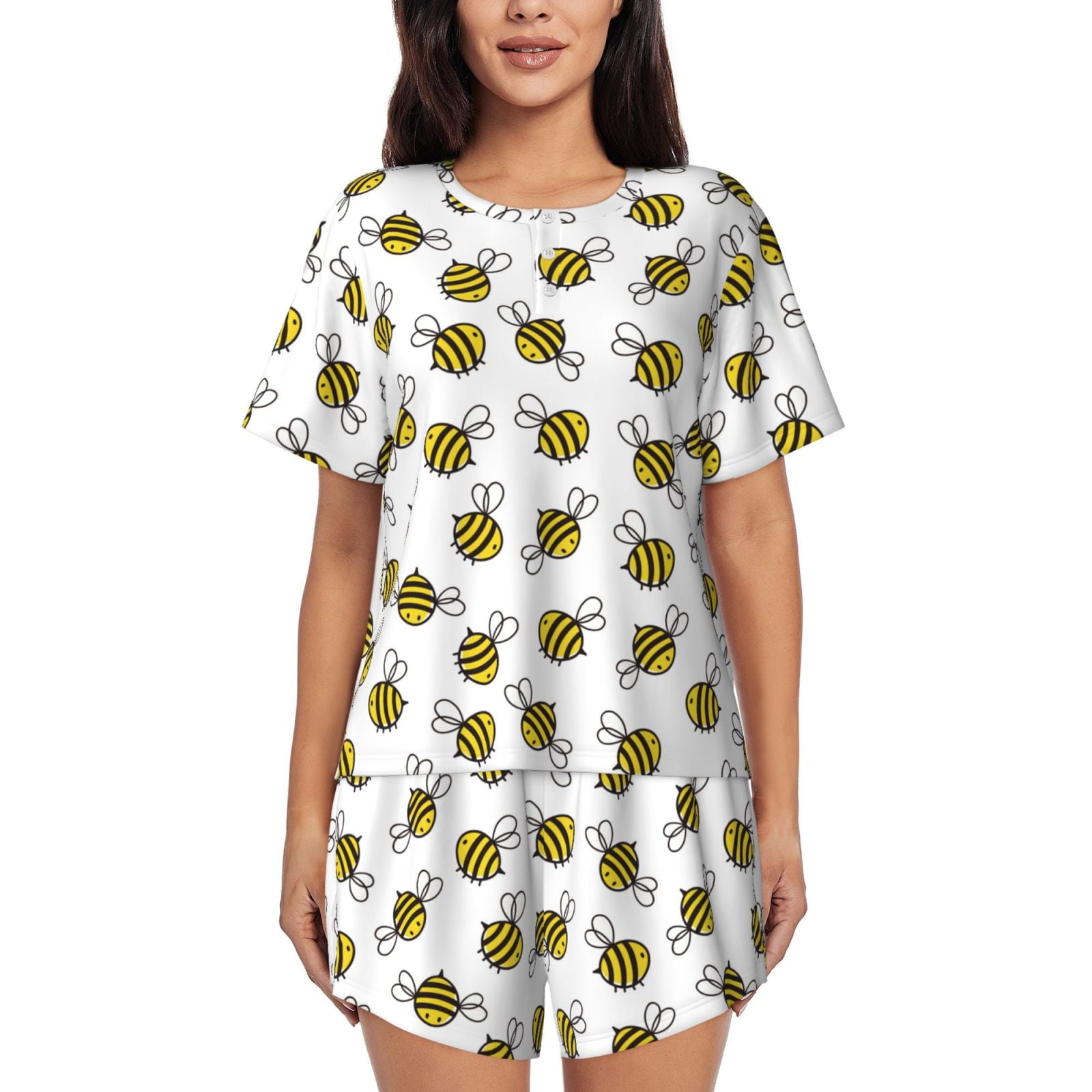 Derioi Cute Little Bee for Women's Short-Sleeved Pajama 2 Piece Shorts ...