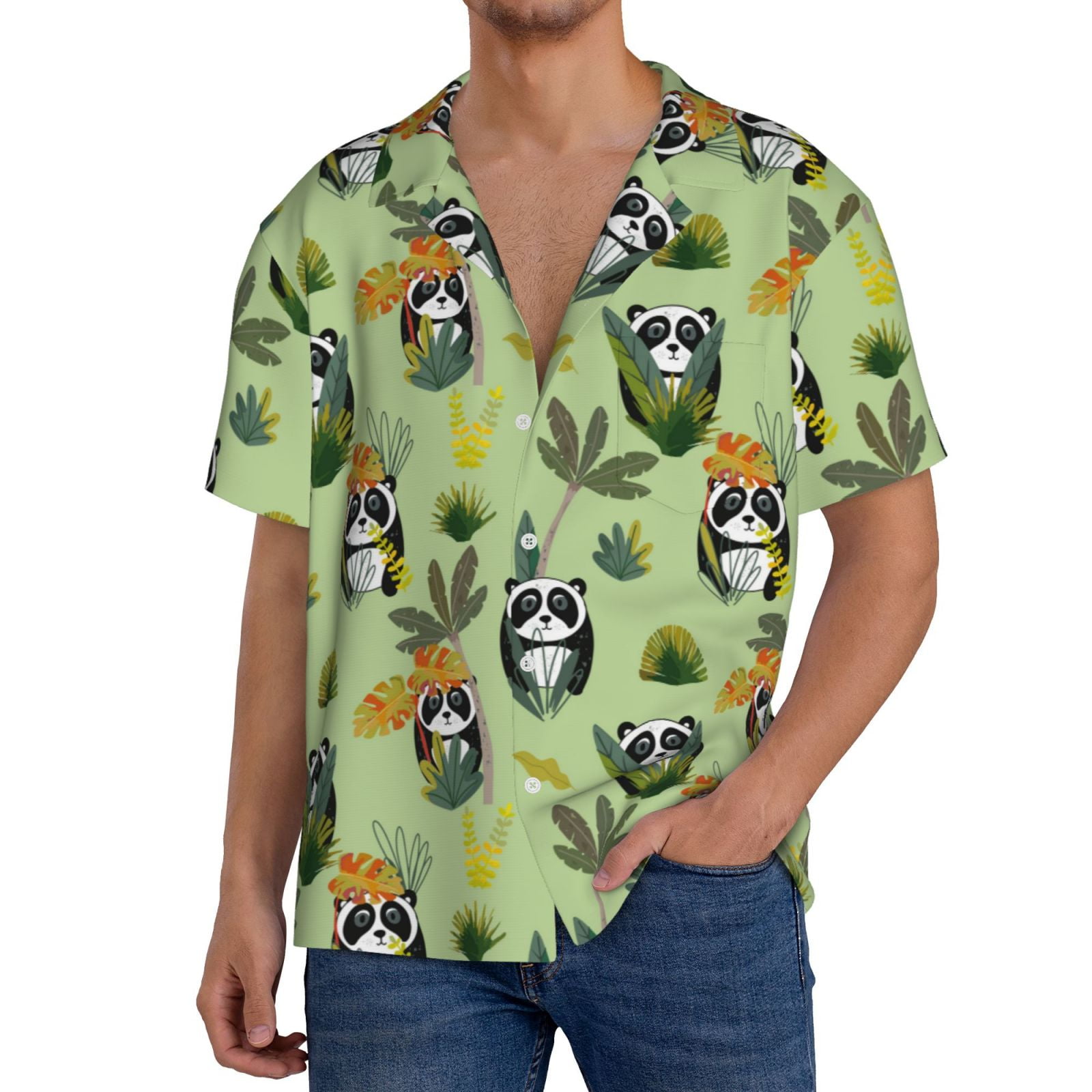 Derioi Cute Panda Bear In Greenery Forest for Men's Cuban Collar Short Sleeve Casual Button Down ...
