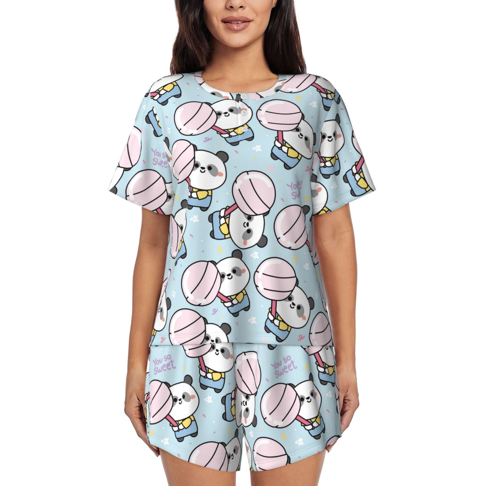 Derioi Cute Panda Bear for Women's Short-Sleeved Pajama 2 Piece Shorts ...