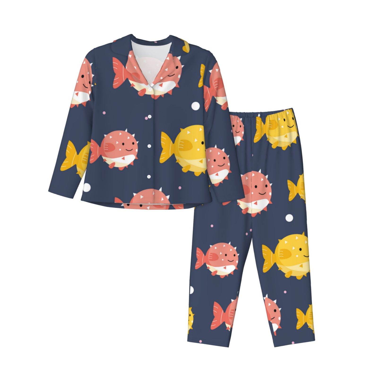 Derioi Cute Puffer Fish for Button Up Pajamas for Women Women’s Sleepwear Pj Sets for Woman ...
