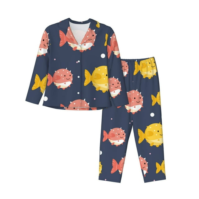 Derioi Cute Puffer Fish for Button Up Pajamas for Women Women’s ...