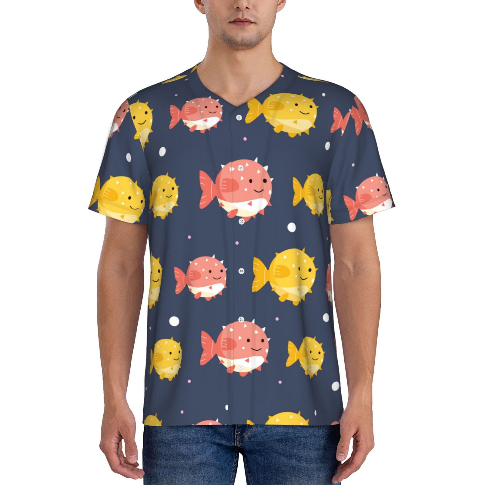 Derioi Cute Puffer Fish for Men's Baseball T-shirt Short Sleeves Button ...