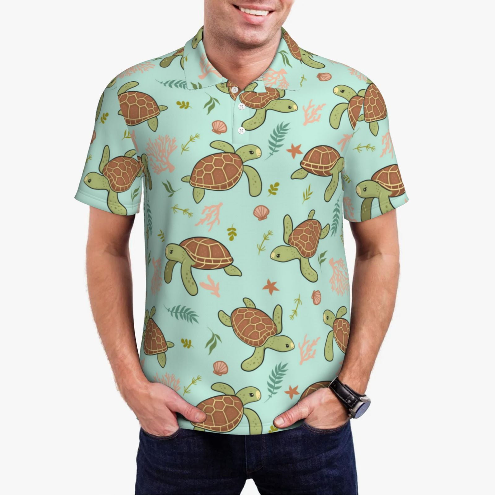 Derioi Cute Sea Turtles for Men's Polo Shirts Short Sleeve Golf Shirt ...