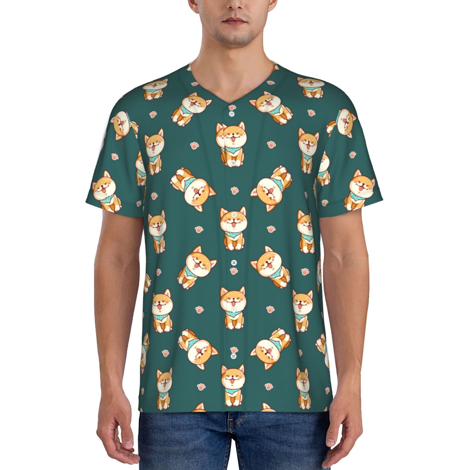 Derioi Cute Shiba for Men's Baseball T-shirt Short Sleeves Button Down ...